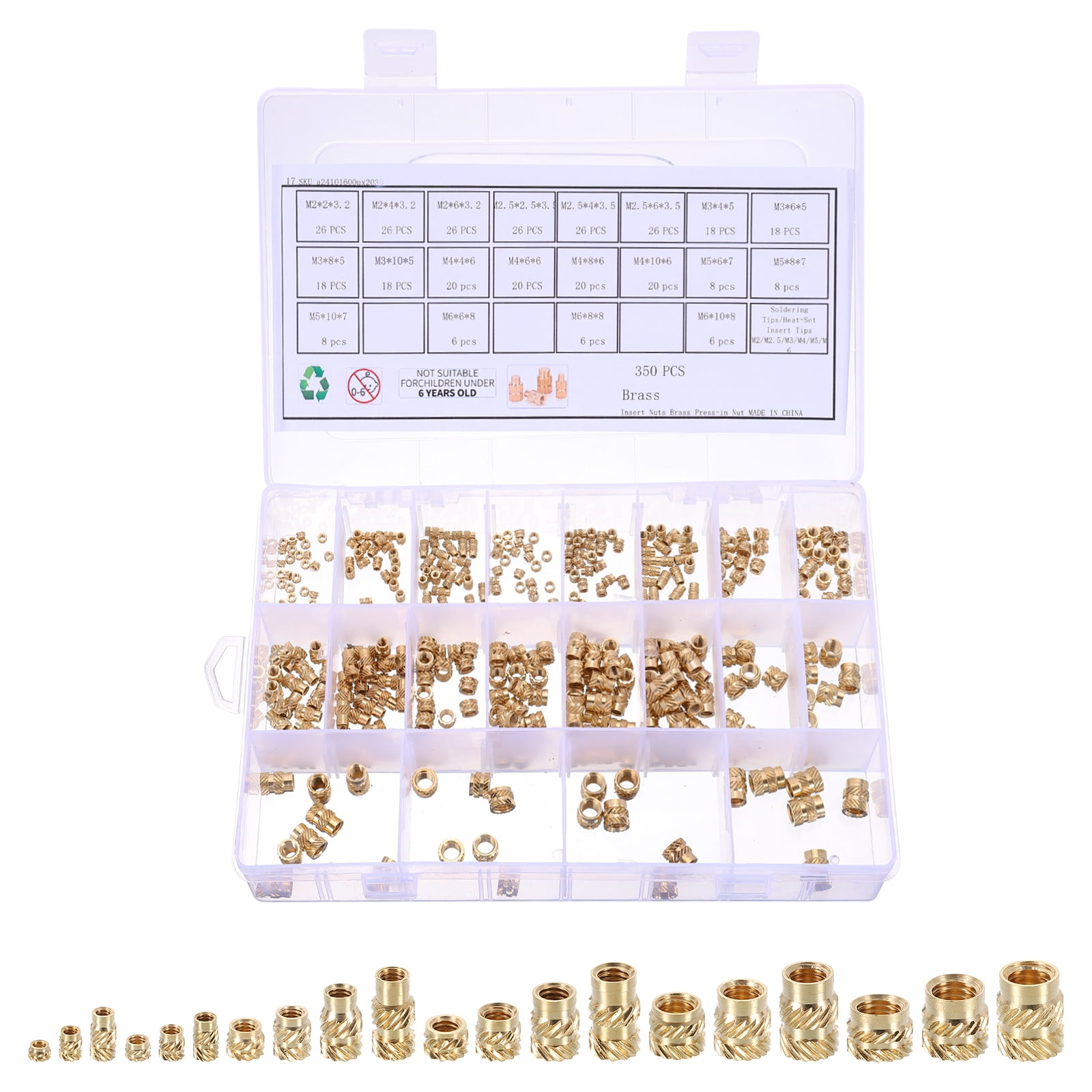 Uxcell 350pcs M2 M2.5 M3 M4 M5 M6 Metric Threaded Insert Brass Heat Set Insert Knurled Nuts ...