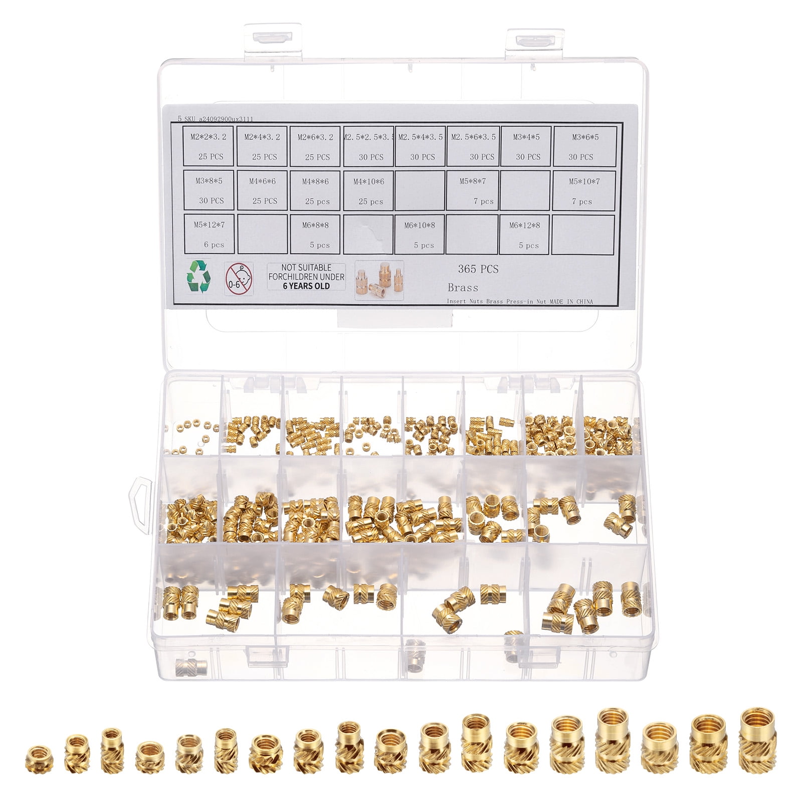 Uxcell 365Pack M2 M2.5 M3 M4 M5 M6 Metric Threaded Inserts Brass Heat Set Insert Knurled Nuts ...