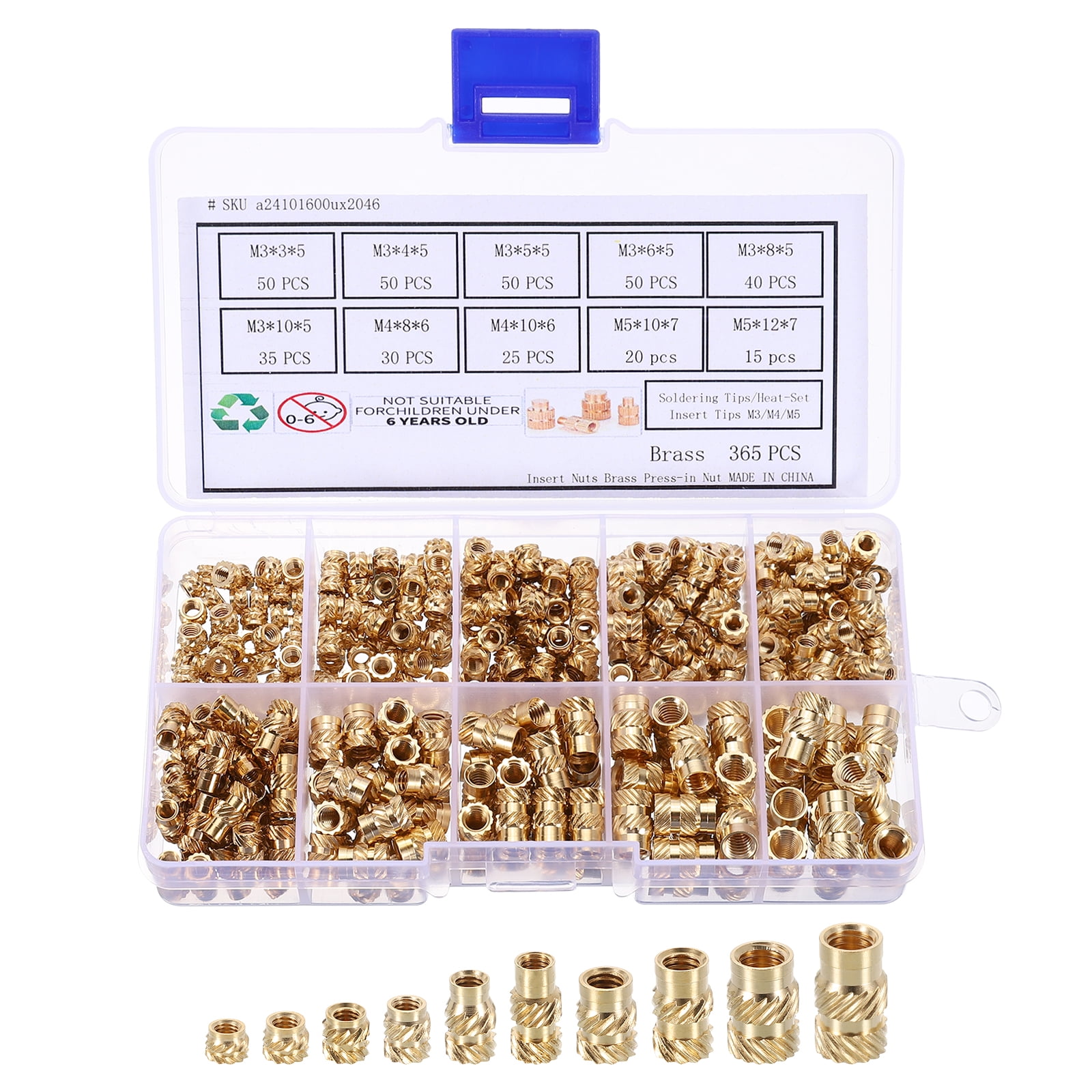 Uxcell 365pcs M3 M4 M5 Metric Threaded Inserts Brass Heat Set Insert Knurled Nuts Assortment Kit ...