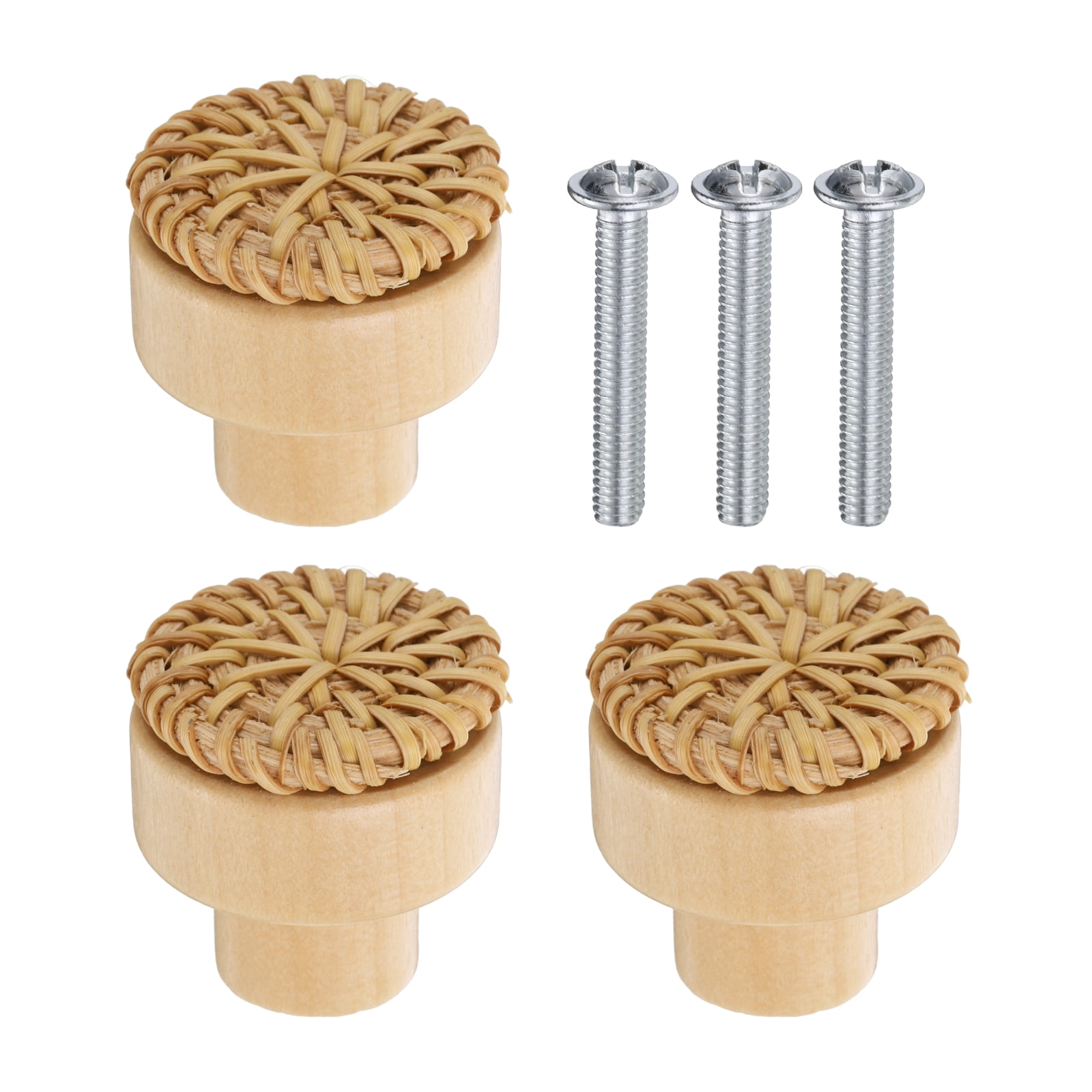 Uxcell 3pcs Rattan Knobs Round Wooden Dresser Knob with Screws, Wood ...