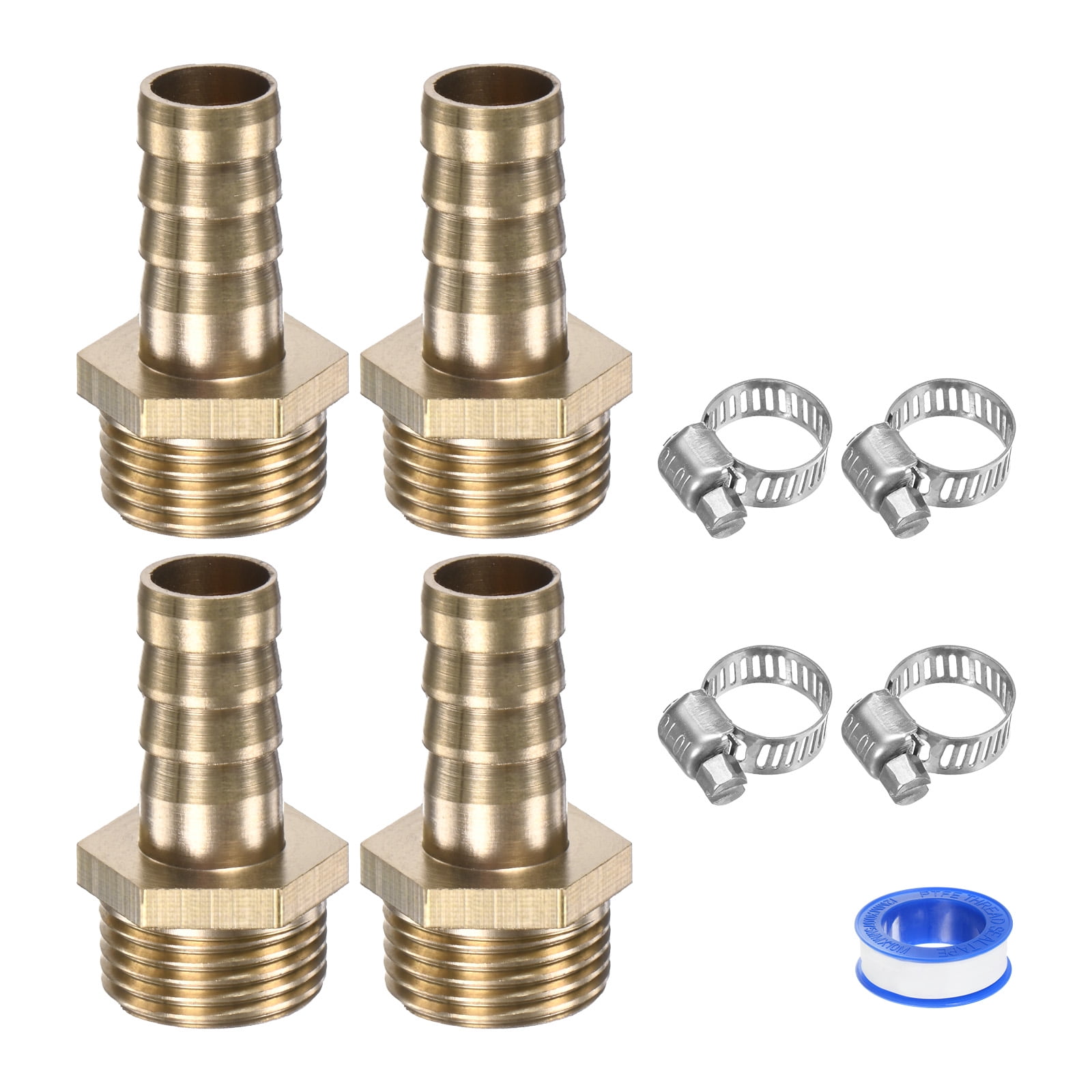 Uxcell 4-Pack Brass Hose Barb Fittings, 10mm x G3/8 Male Couple Hose Connector with Stainless ...