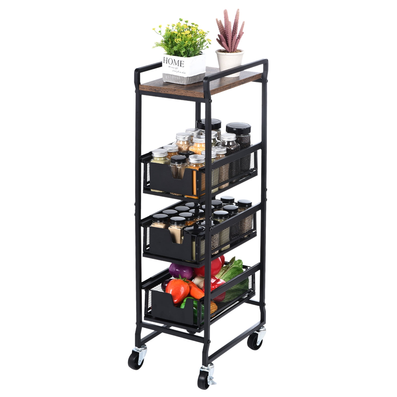 Uxcell 4 Tier Fruit Vegetable Basket, Rotating Fruit Vegetable Cart ...