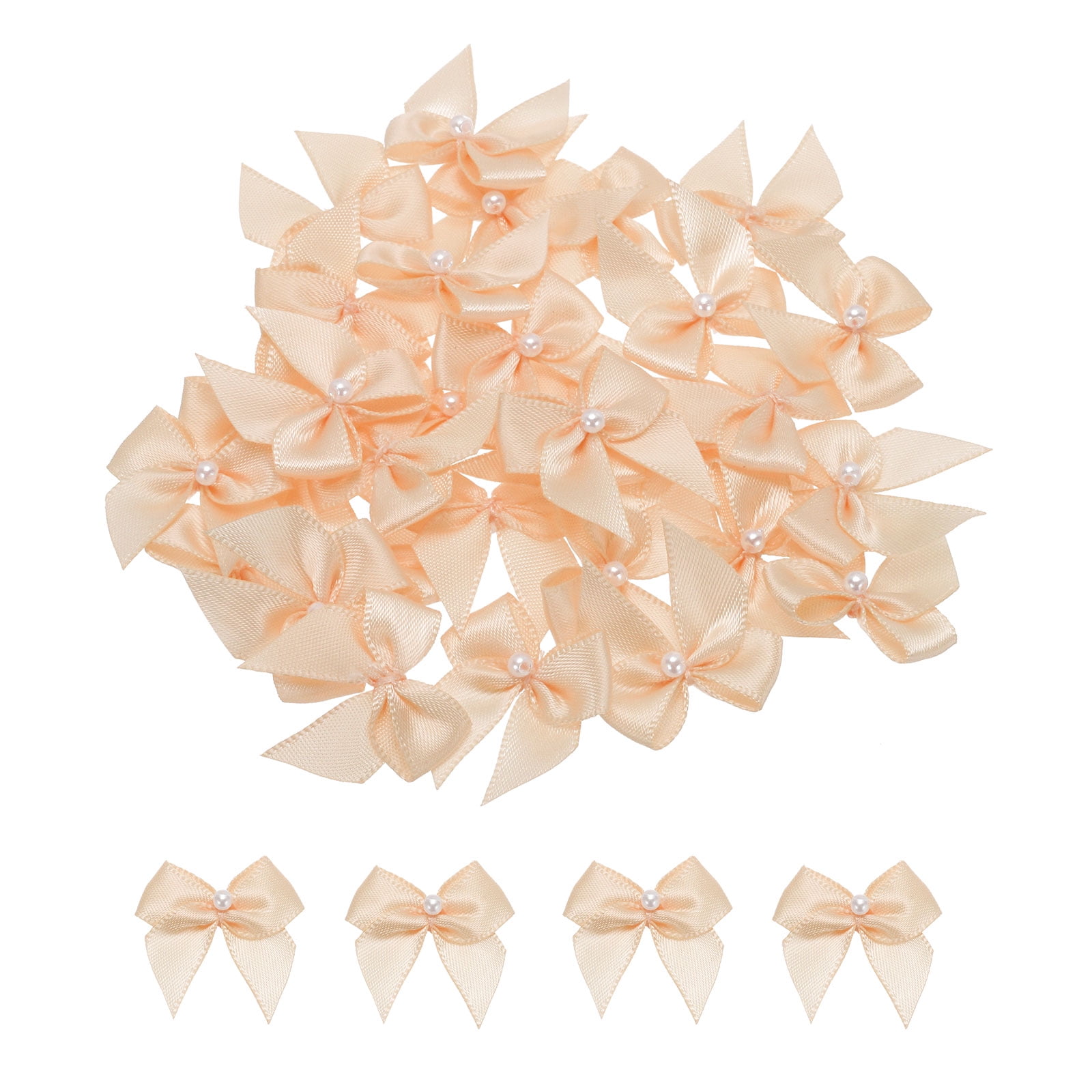 Uxcell 40Pcs Mini Light Orange Ribbon Bow with Pearl 1" Ribbon Flowers ...