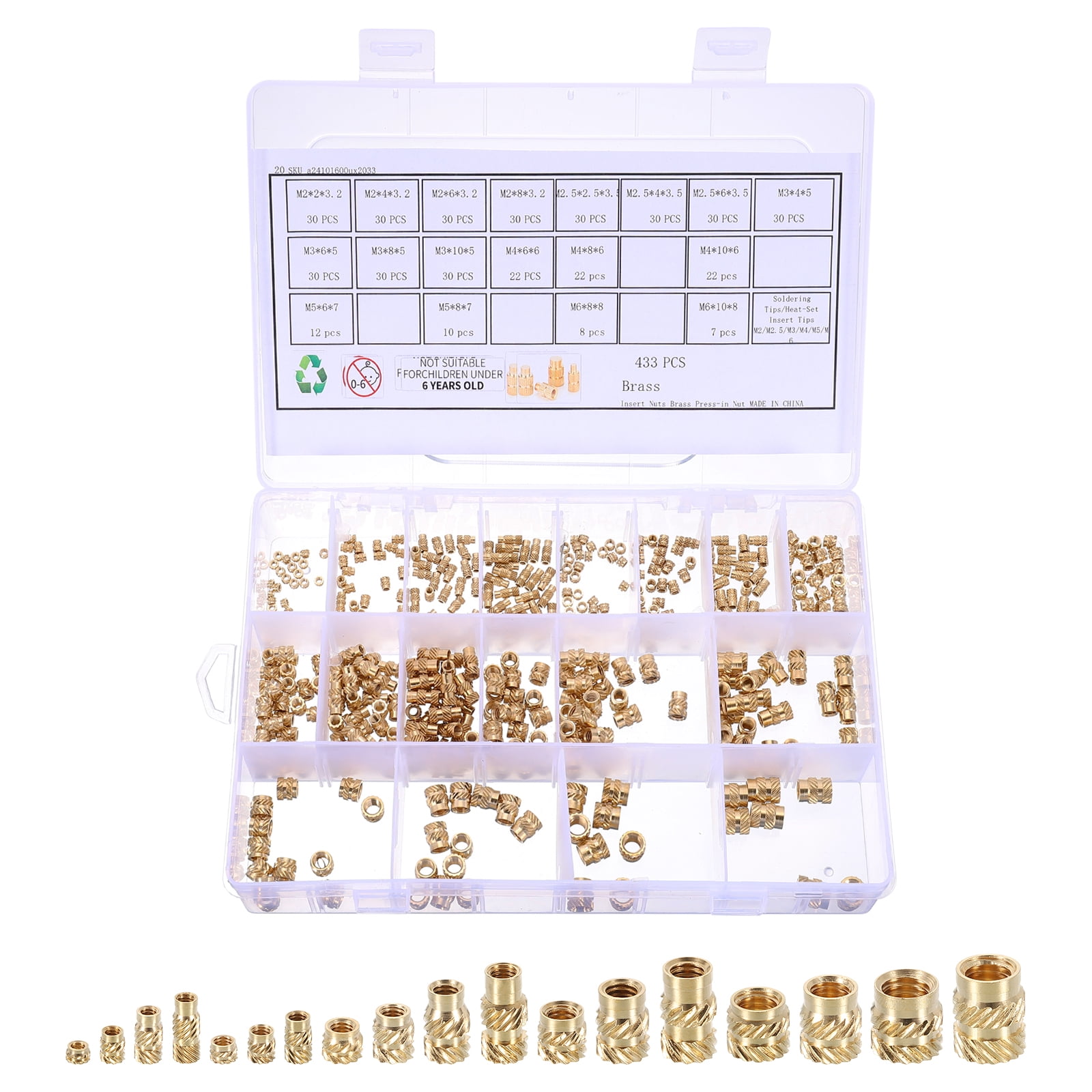 Uxcell 433pcs M2 M2.5 M3 M4 M5 M6 Metric Threaded Inserts Brass Heat ...