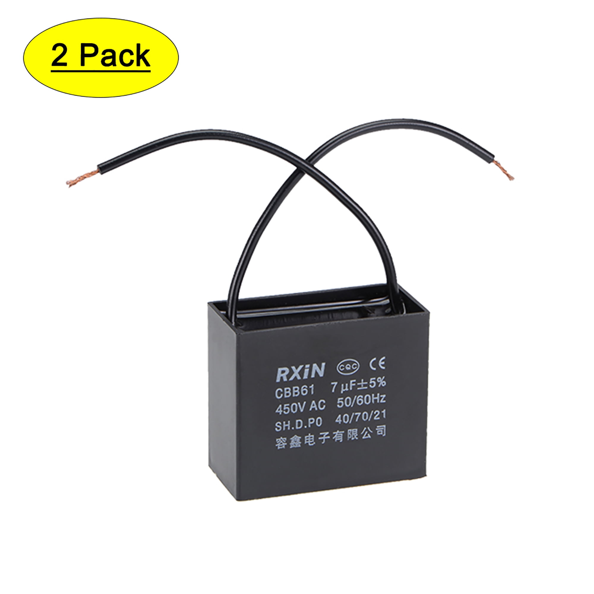 Uxcell 47x23x41mm 7uF 450V AC 2 Cable CBB61 Ceiling Fan Run Capacitor 2 ...