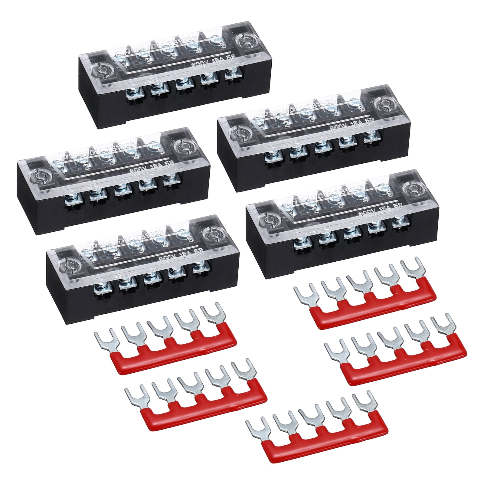 Uxcell 5 Pcs Dual Row Terminal Block, 600V 15A 5 Positions Screw Terminal Block with 5PCS Pre ...
