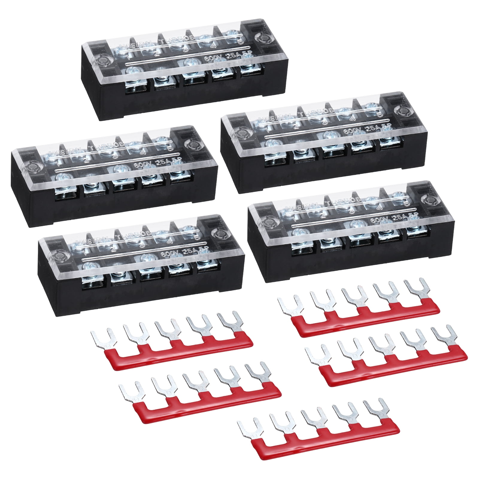 Uxcell 5 Pcs Dual Row Terminal Block, 600V 25A 5 Positions Screw Terminal Block with 5PCS Pre ...