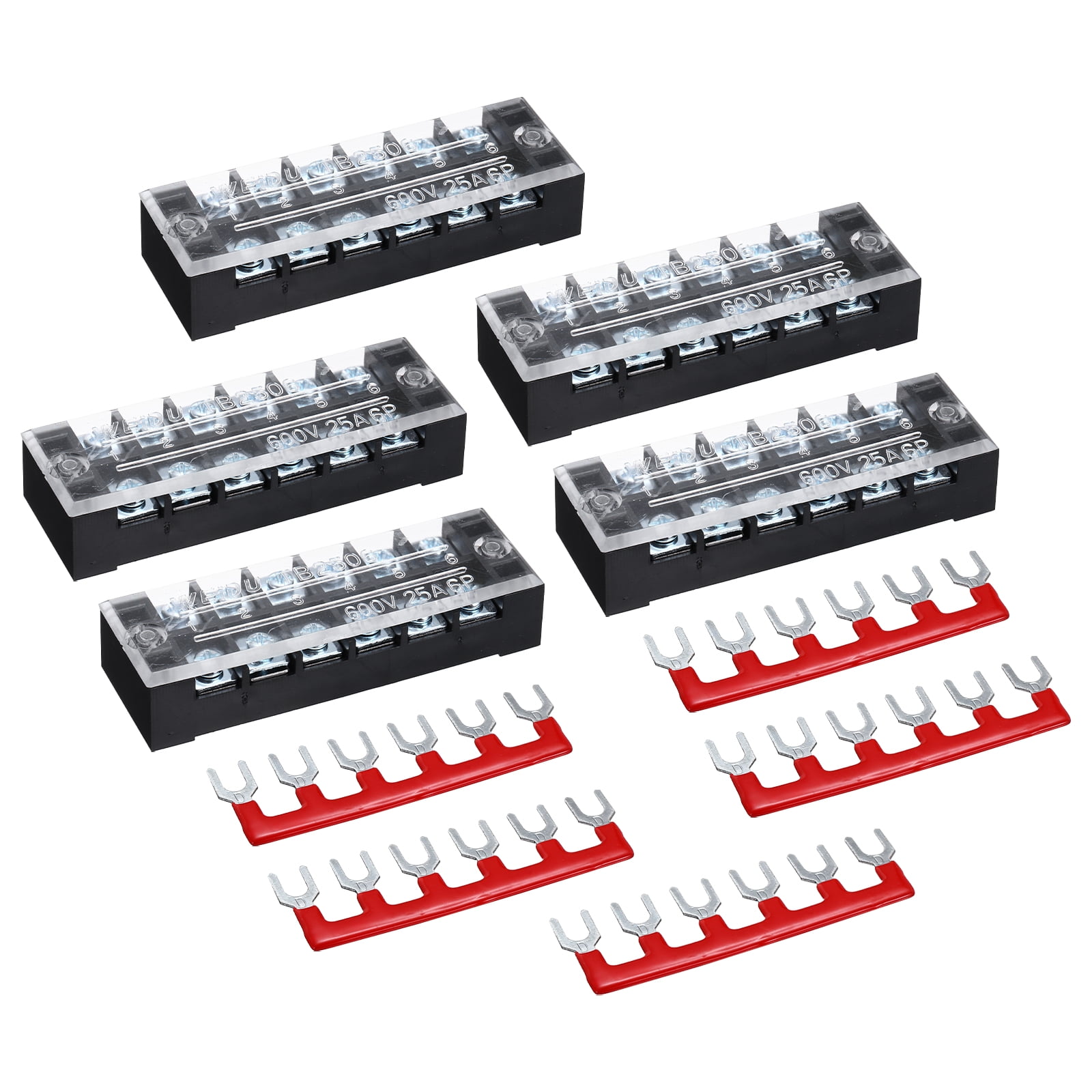 Uxcell 5 Pcs Dual Row Terminal Block, 600V 25A 6 Positions Screw ...