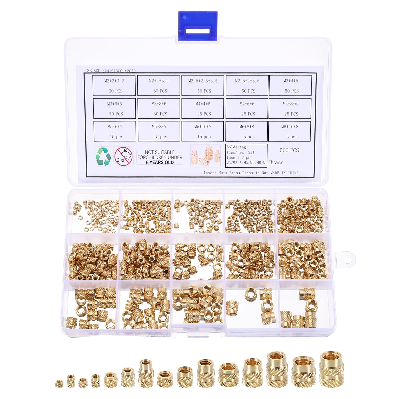 Uxcell 500pcs M2 M2.5 M3 M4 M5 M6 Metric Threaded Insert Brass Heat Set ...