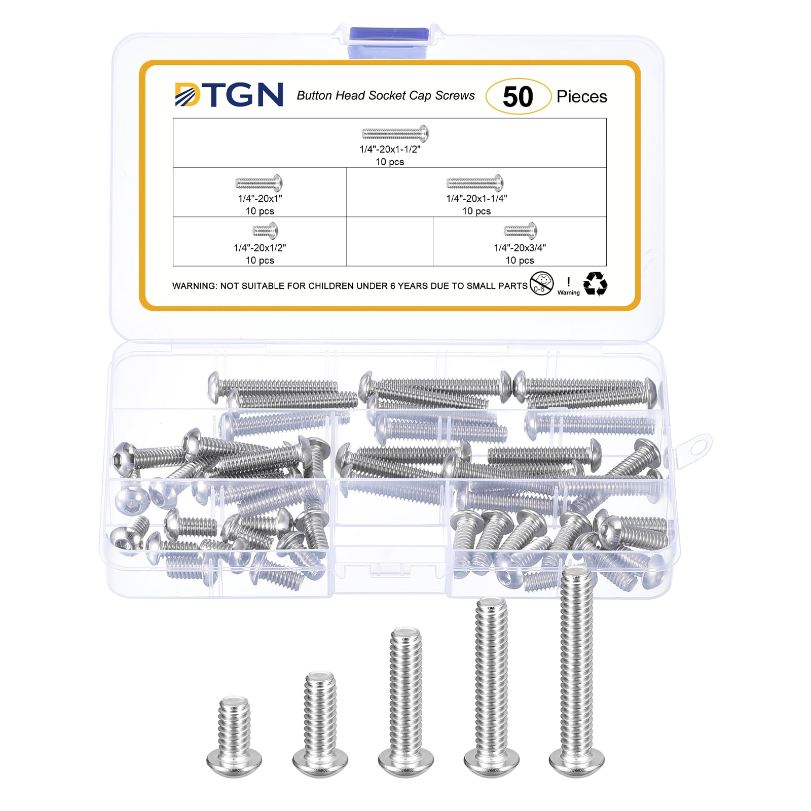Uxcell 50Pack 1/4-20x1/2" to 1" Button Head Socket Cap Screws - 304 ...
