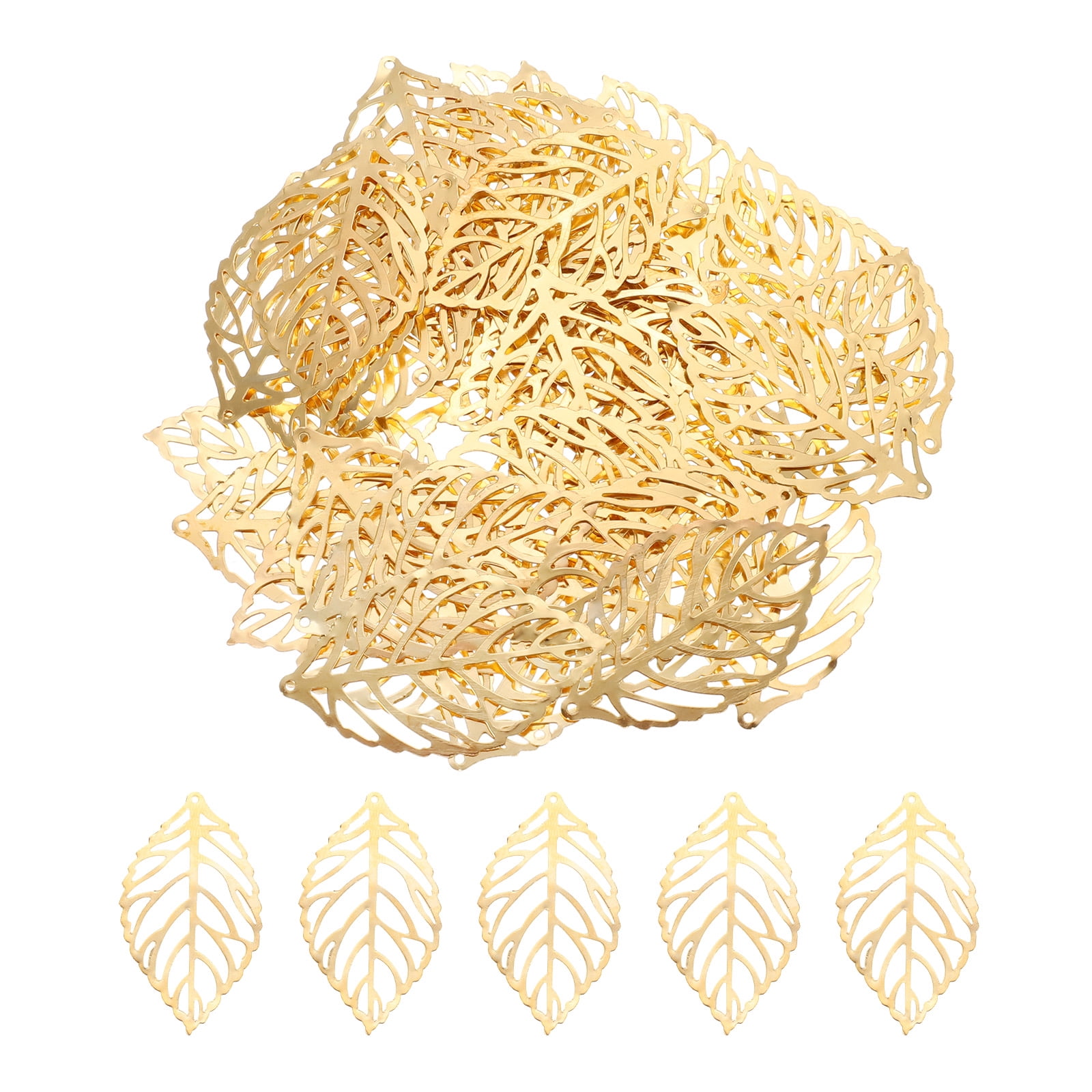 Uxcell 50Pcs Gold Hollow Leaf Ornaments Pendant, Metal Leaves Crafts ...
