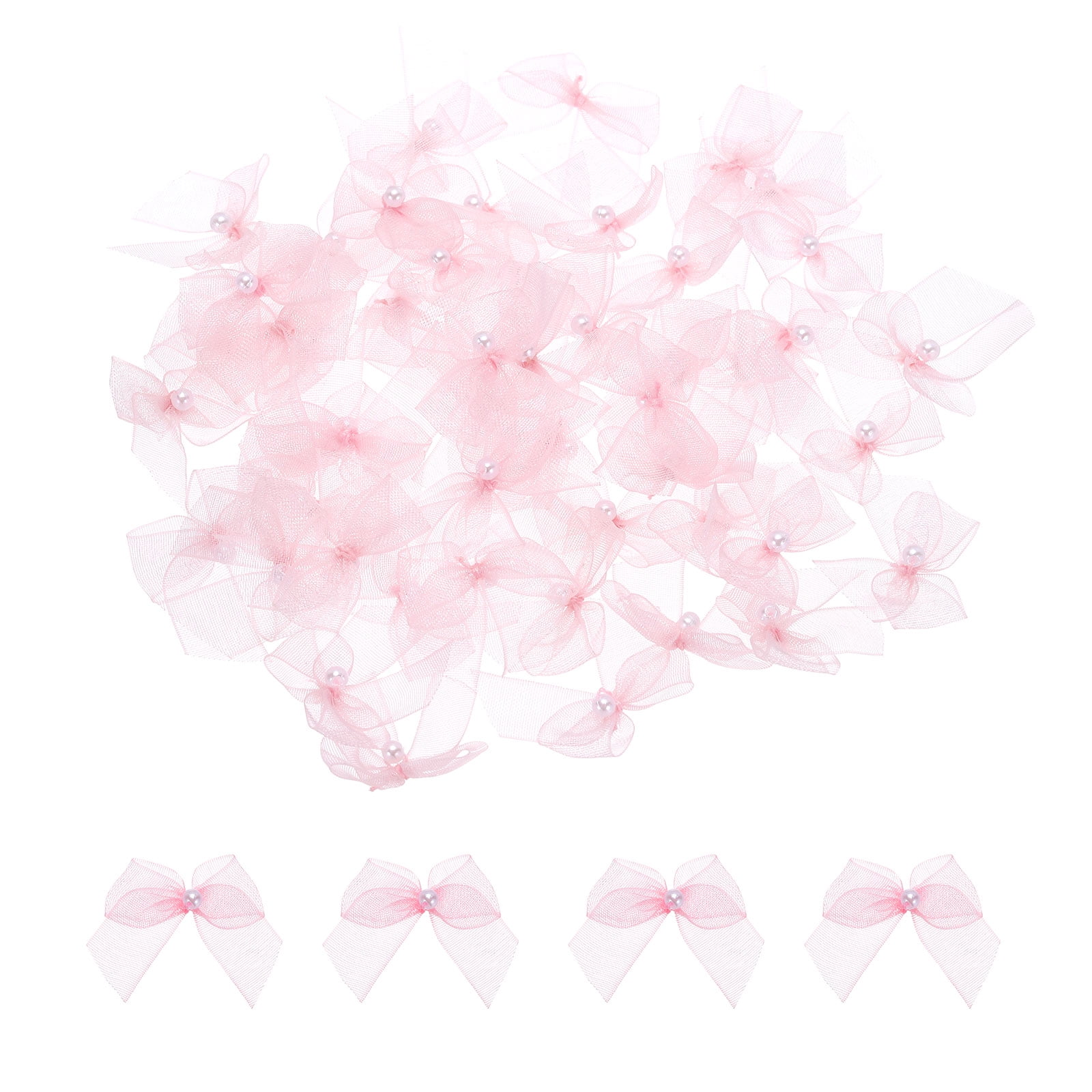 Uxcell 50Pcs Mini Light Pink Ribbon Bow with Pearl 1" Ribbon Flowers ...