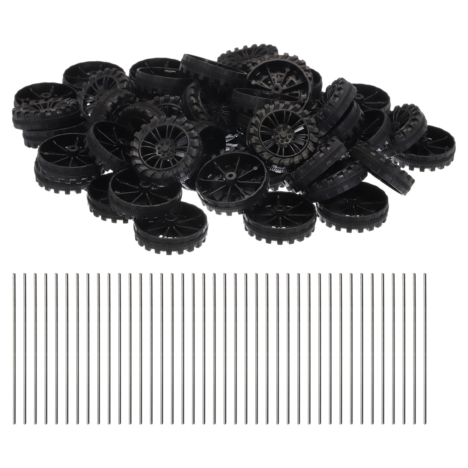 Uxcell 50pcs Toy Car Wheels, 30mmx8mm Plastic Roll and 2mmx100mm Shaft ...
