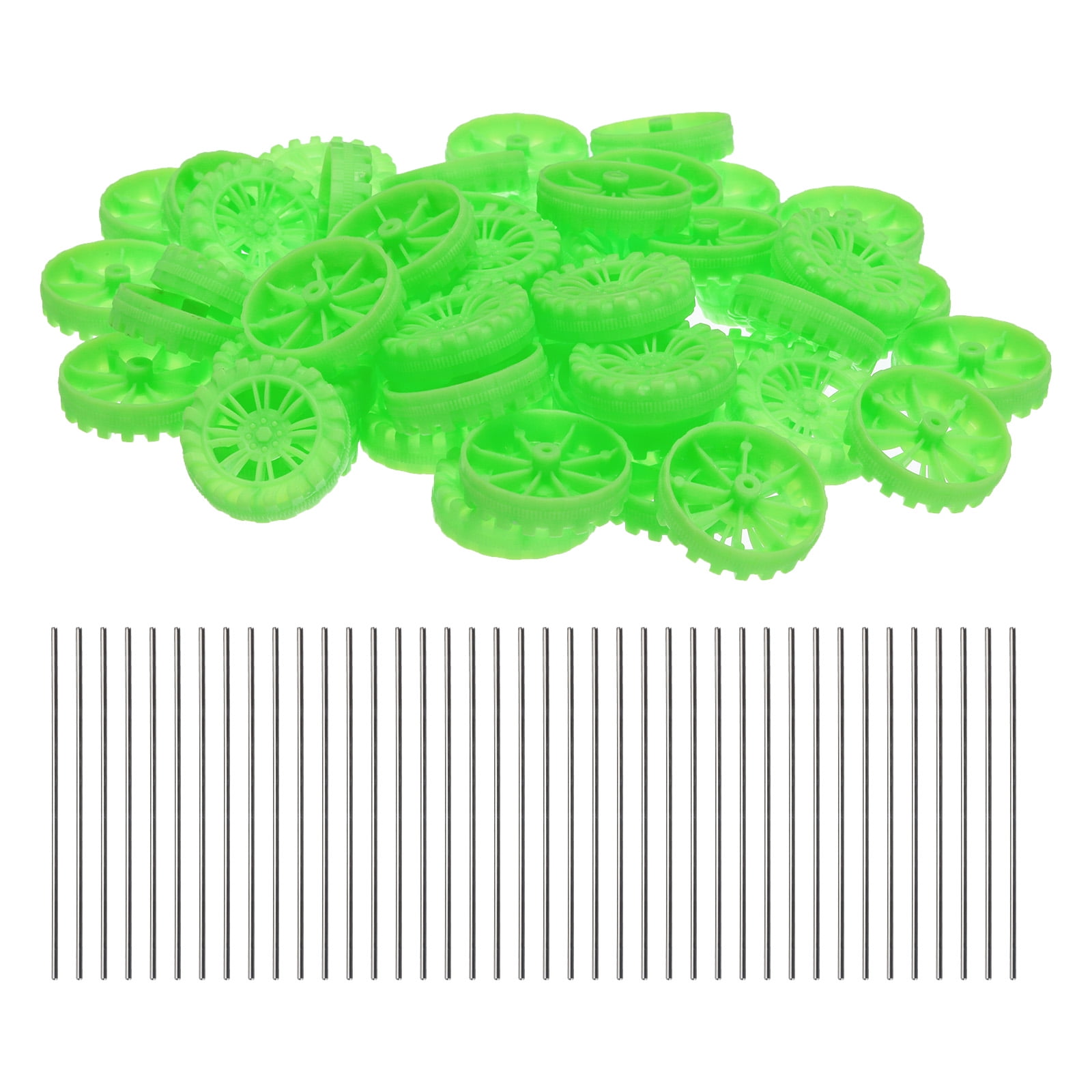 Uxcell 50pcs Toy Car Wheels, 30mmx8mm Plastic Roll and 2mmx100mm Shaft ...
