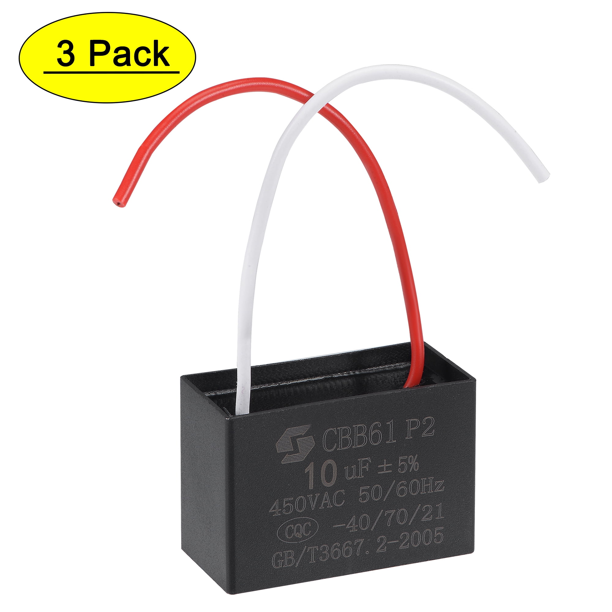 Uxcell 51x35x25mm 10uF 450V AC 2 Wires CBB61 Ceiling Fan Capacitor 3 ...