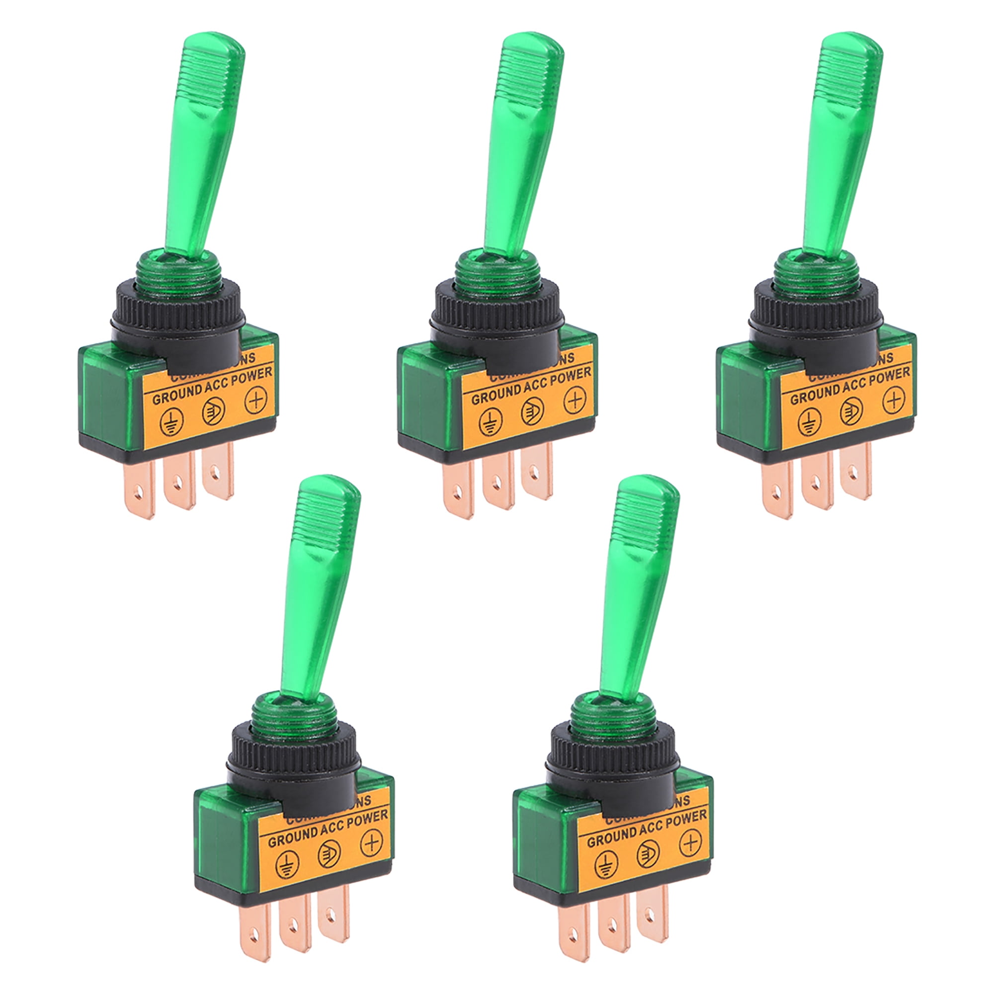 Uxcell 5pcs SPST Latching Rocker Toggle Switch Green LED Light 20A 12V ...