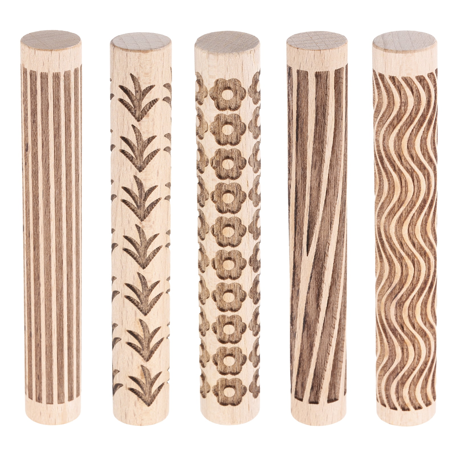 Uxcell 5pcs Wood Clay Roller 4"Wood Lines Flower Pattern Rolling Pins ...