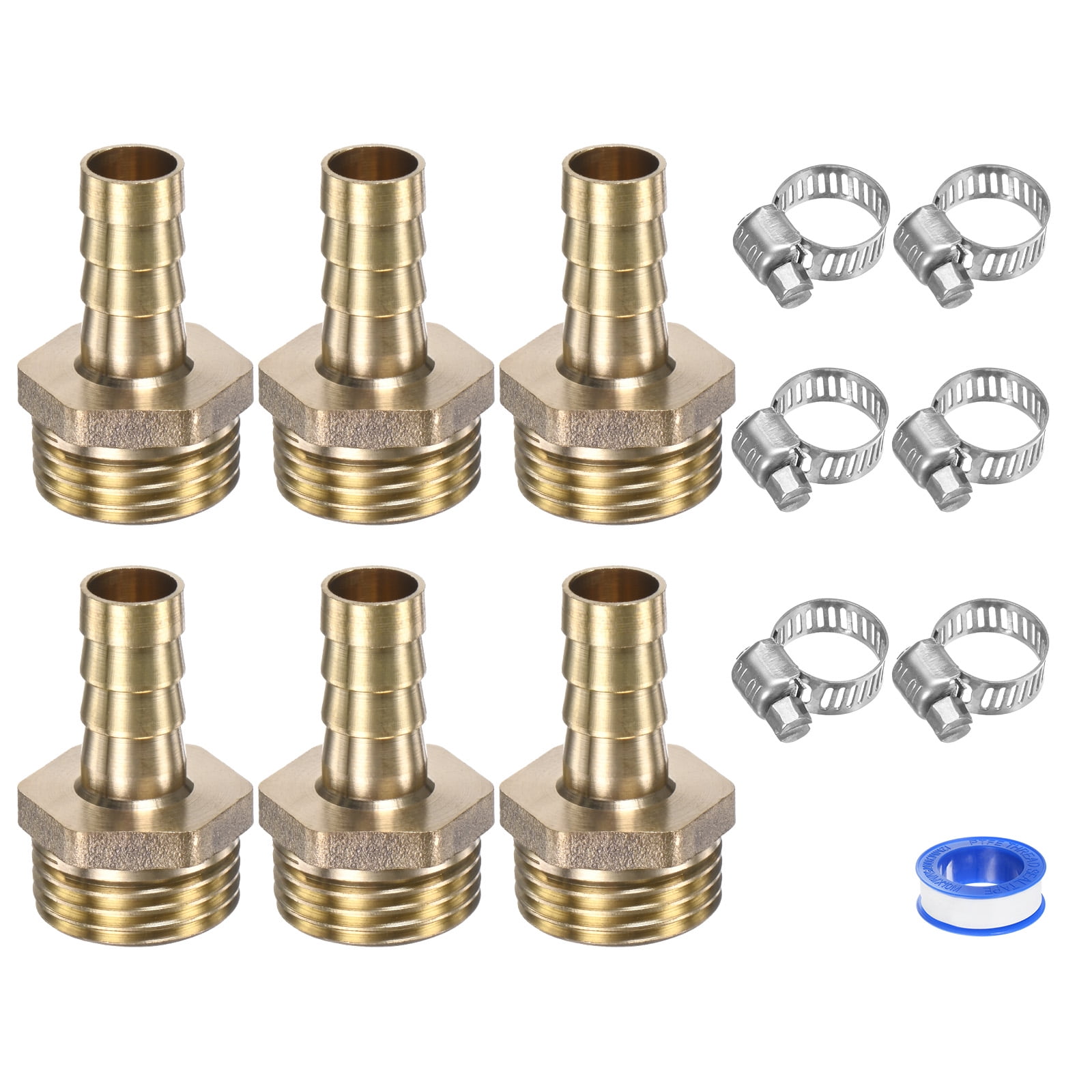 Uxcell 6-Pack Brass Hose Barb Fittings, 10mm x G1/2 Male Couple Hose Connector with Stainless ...
