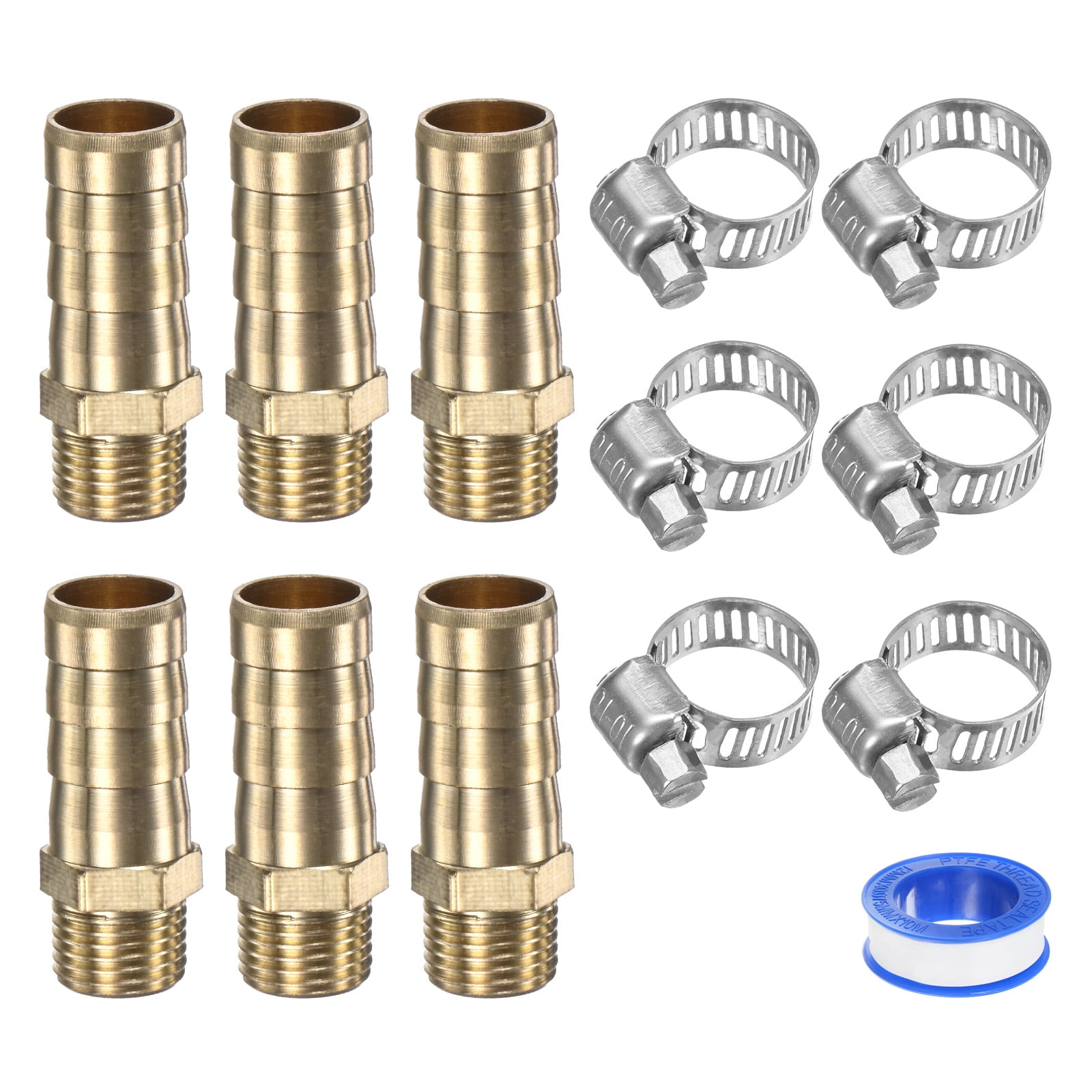 Uxcell 6-Pack Brass Hose Barb Fittings, 10mm x G1/8 Male Couple Hose Connector with Stainless ...