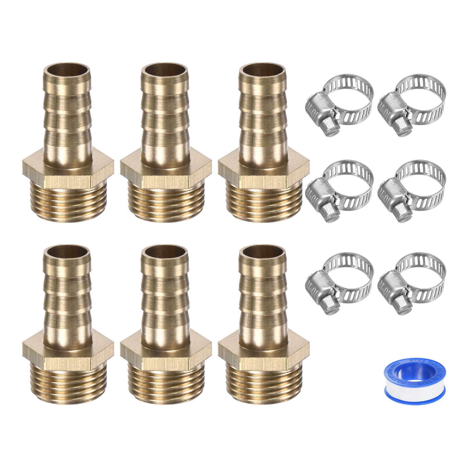 Uxcell 6-Pack Brass Hose Barb Fittings, 10mm x G3/8 Male Couple Hose Connector with Stainless ...