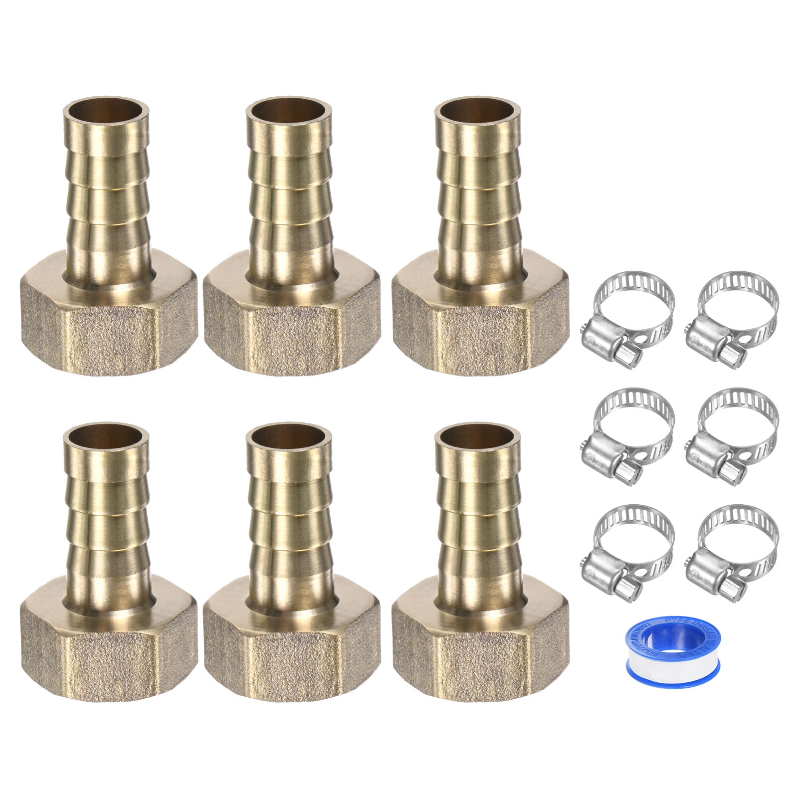 Uxcell 6-Pack Brass Hose Barb Fittings, 12mm x G1/2 Female Adapter Hose Connector with Stainless ...