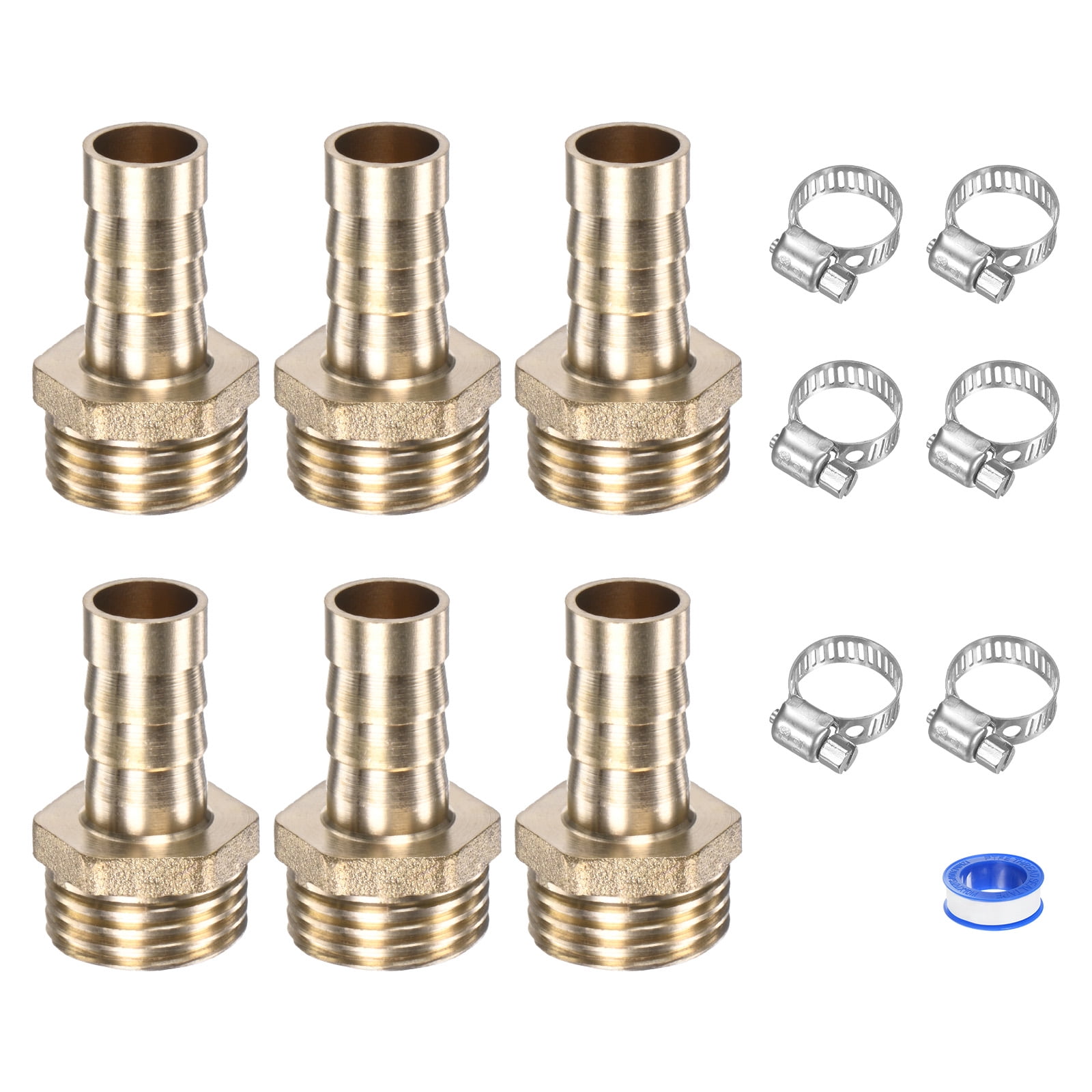 Uxcell 6-Pack Brass Hose Barb Fittings, 12mm x G1/2 Male Couple Hose Connector with Stainless ...