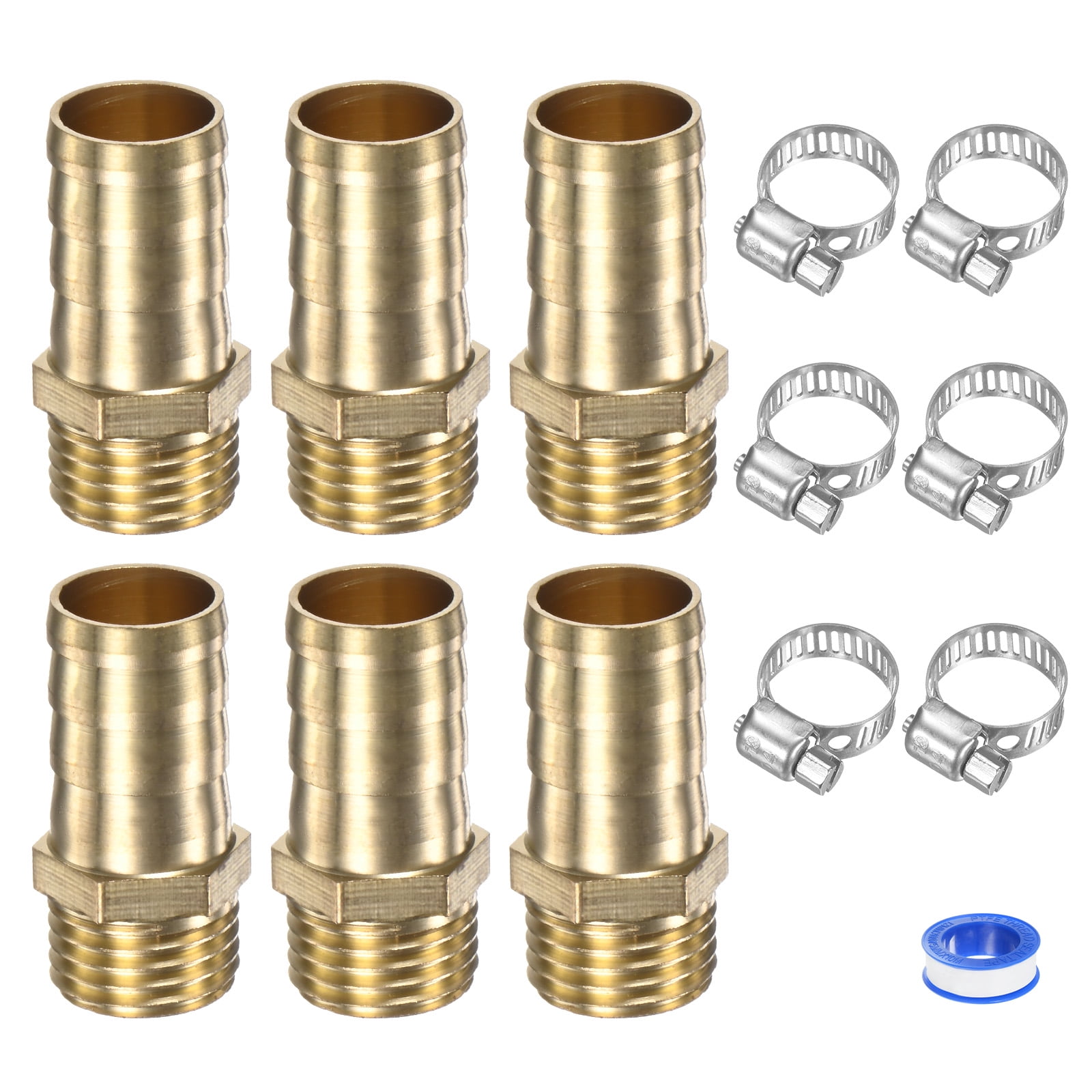 Uxcell 6-Pack Brass Hose Barb Fittings, 12mm x G1/4 Male Couple Hose Connector with Stainless ...