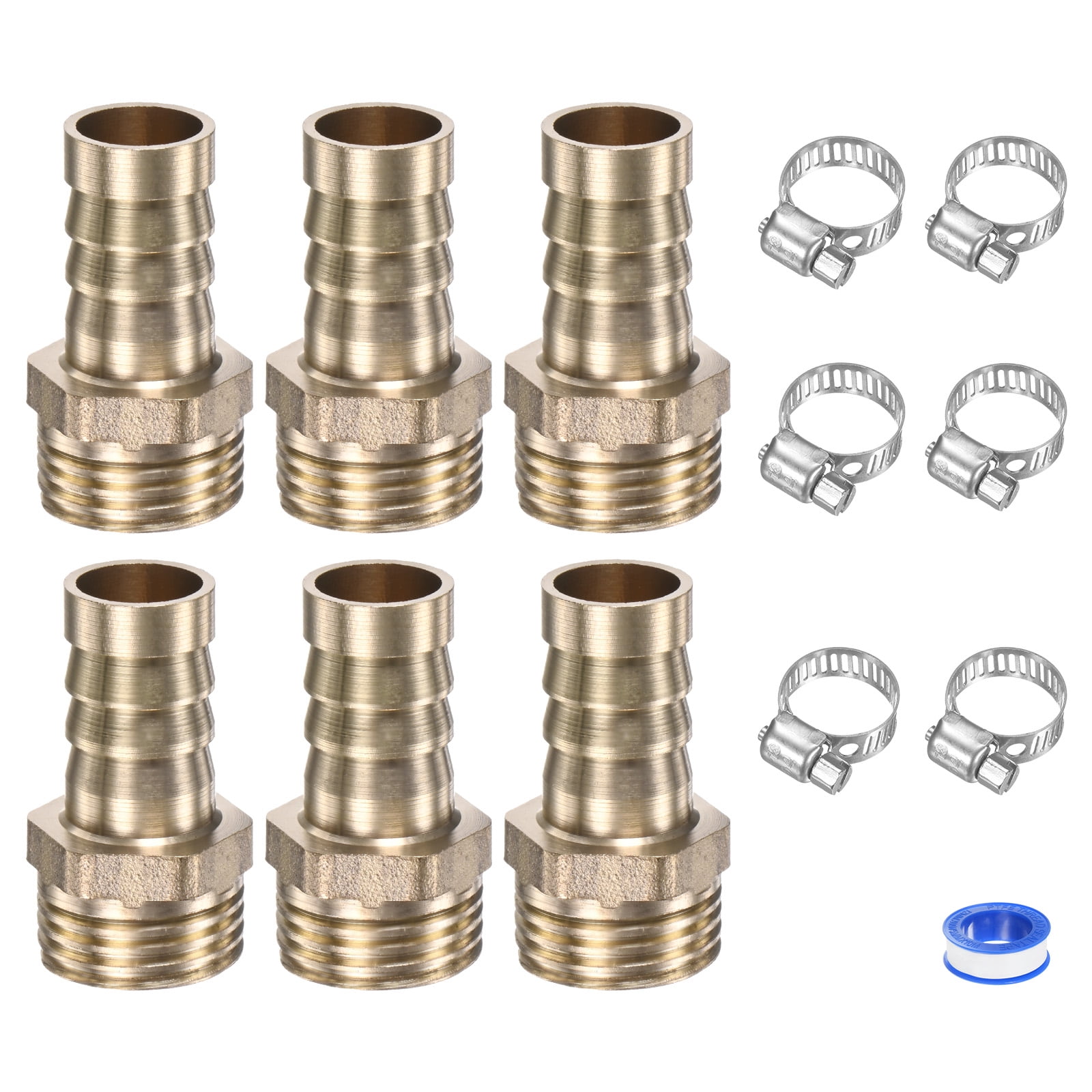 Uxcell 6-Pack Brass Hose Barb Fittings, 14mm x G1/2 Male Couple Hose Connector with Stainless ...