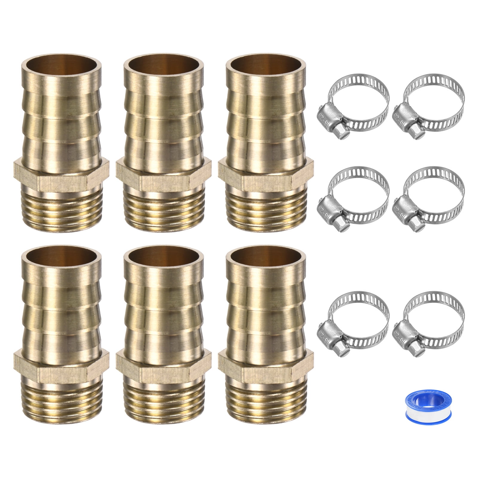 Uxcell 6-Pack Brass Hose Barb Fittings, 19mm x G1/2 Male Couple Hose Connector with Stainless ...