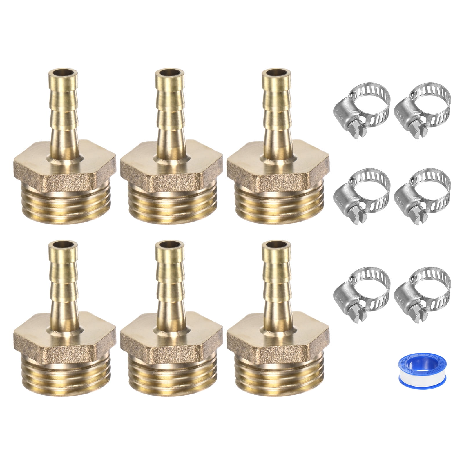 Uxcell 6-Pack Brass Hose Barb Fittings, 6mm x G1/2 Male Couple Hose Connector with Stainless ...