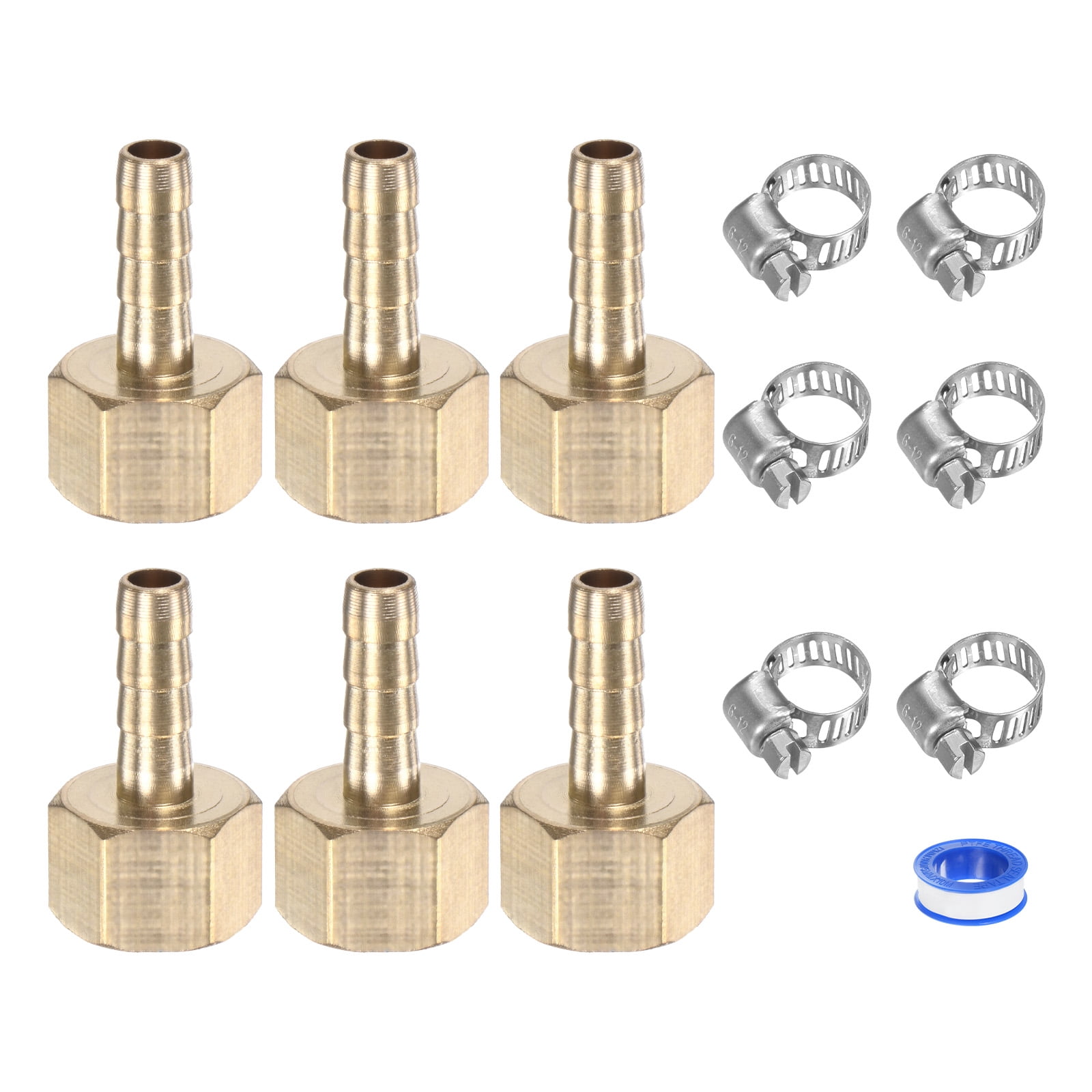 Uxcell 6-Pack Brass Hose Barb Fittings, 6mm x G1/4 Female Adapter Hose Connector with Stainless ...