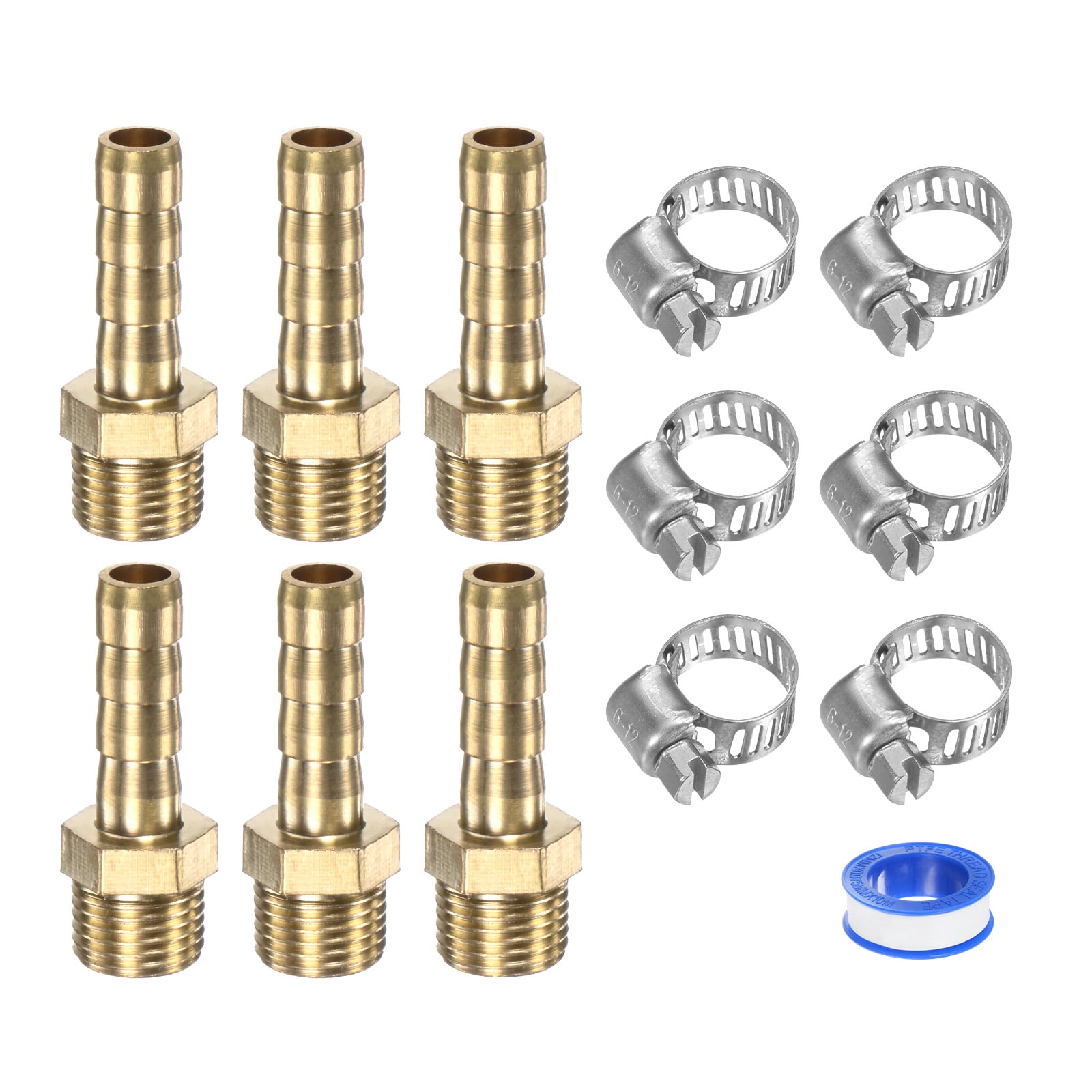 Uxcell 6-Pack Brass Hose Barb Fittings, 6mm x G1/8 Male Couple Hose Connector with Stainless ...
