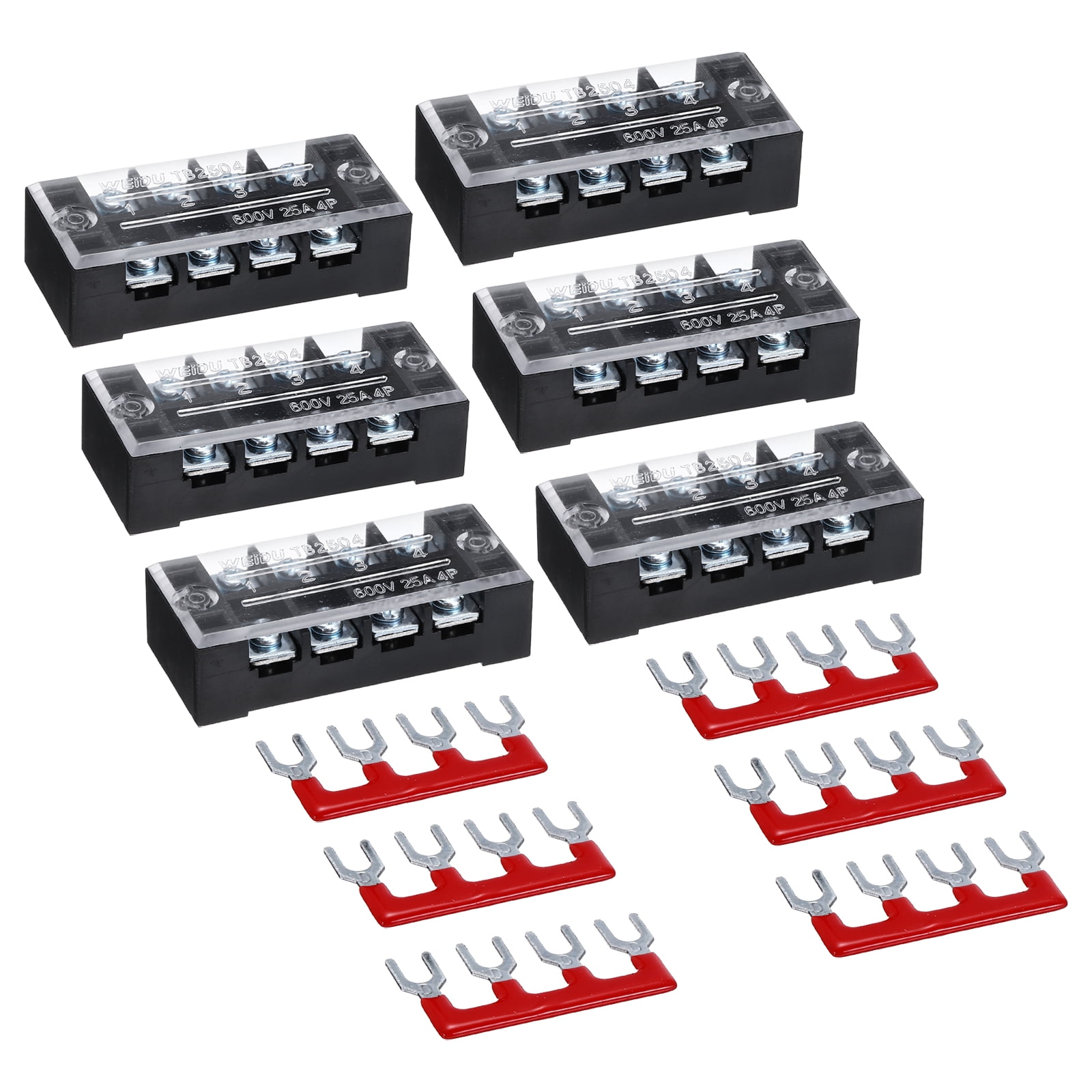 Uxcell 6 Pcs Dual Row Terminal Block, 600V 25A 4 Positions Screw Terminal Block with 6PCS Pre ...