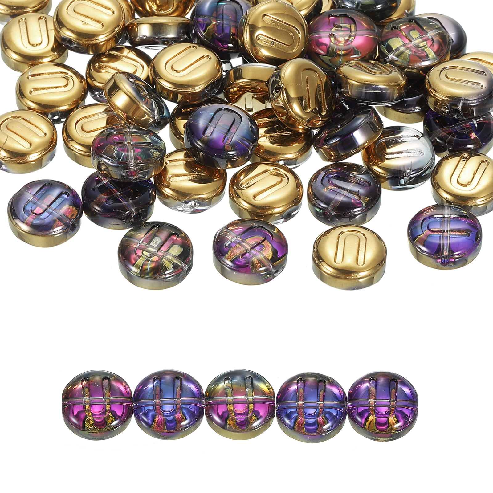 Uxcell 60 Pack Glass Letter Beads, 10mm Flat Round Alphabet Letter ...