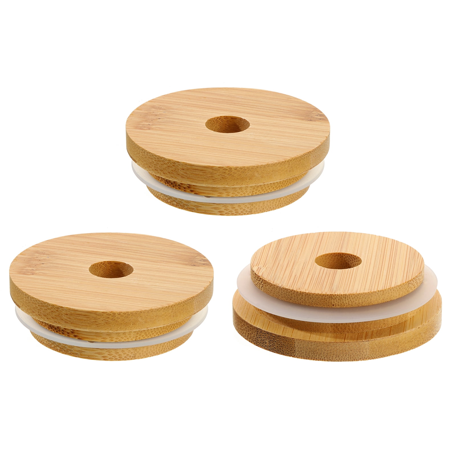 Uxcell 68mm Bamboo Jar Lids with Straw Hole, 3Pcs with White Silicone ...