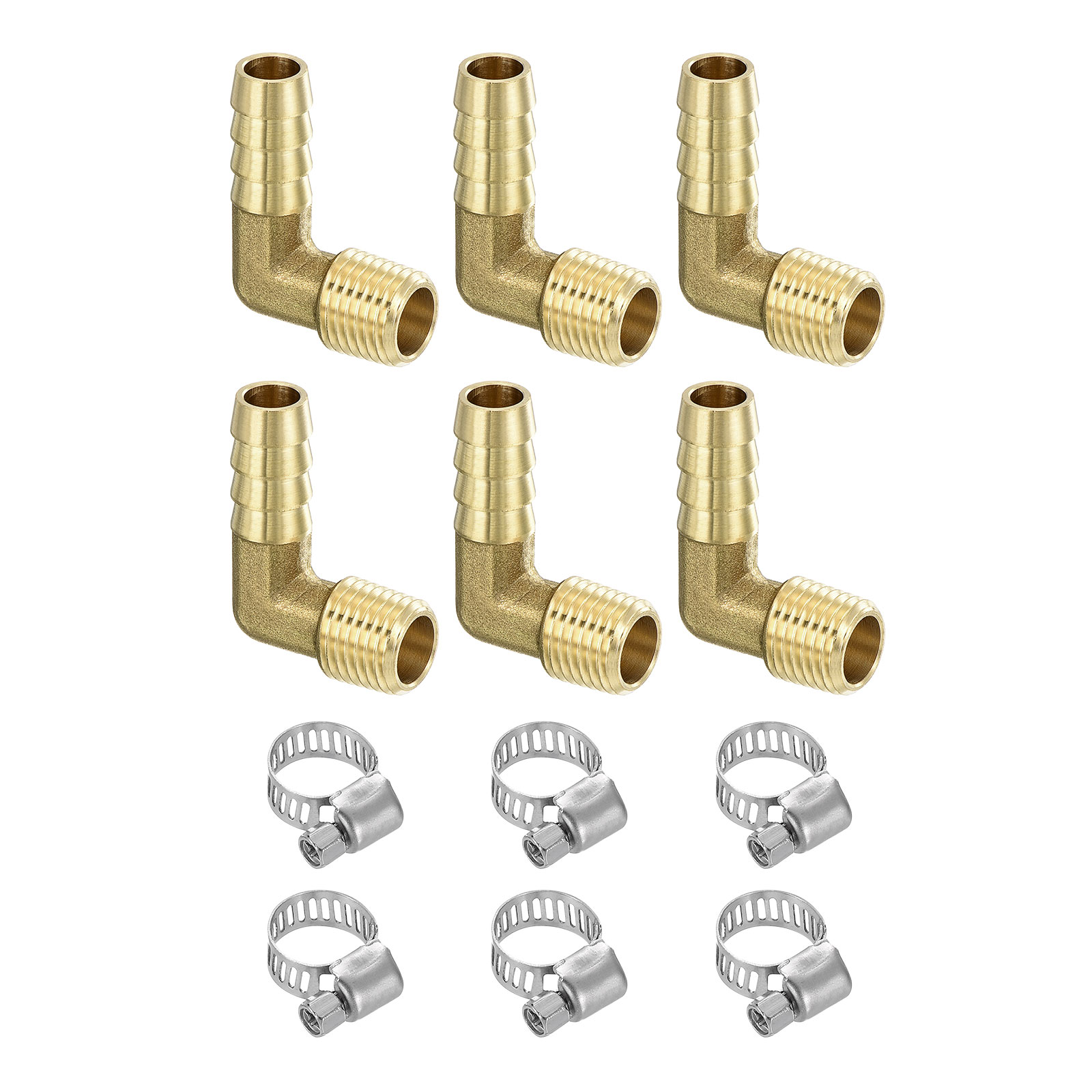 Uxcell 6pack 3/8" Barb x 1/4" NPT Male 90 Degree Brass Elbow Fitting Adapter with Hose Clamps ...