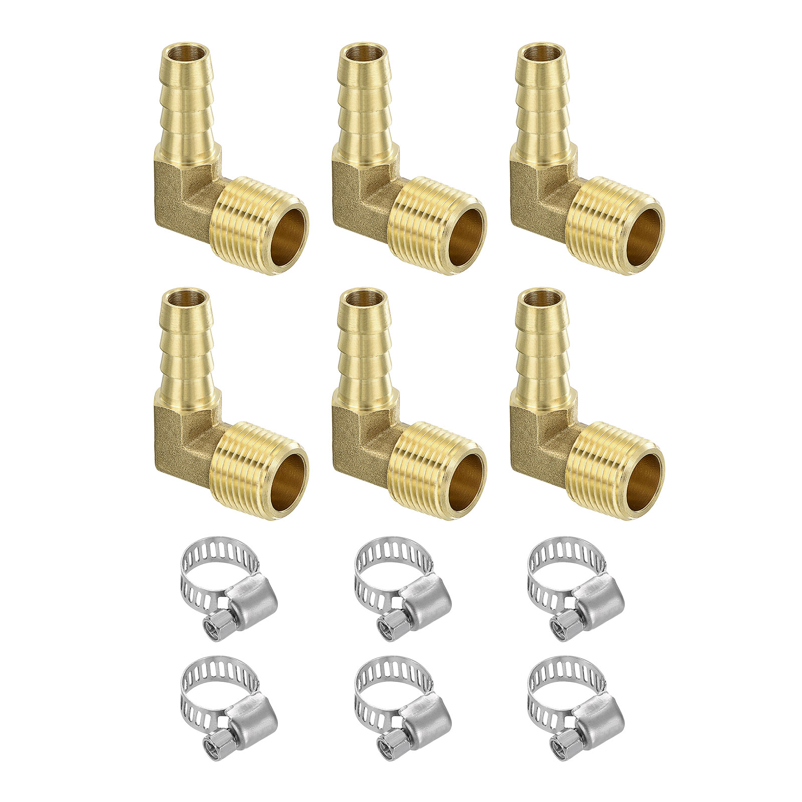 Uxcell 6pack 3/8" Barb x 3/8" NPT Male 90 Degree Brass Elbow Fitting Adapter with Hose Clamps ...