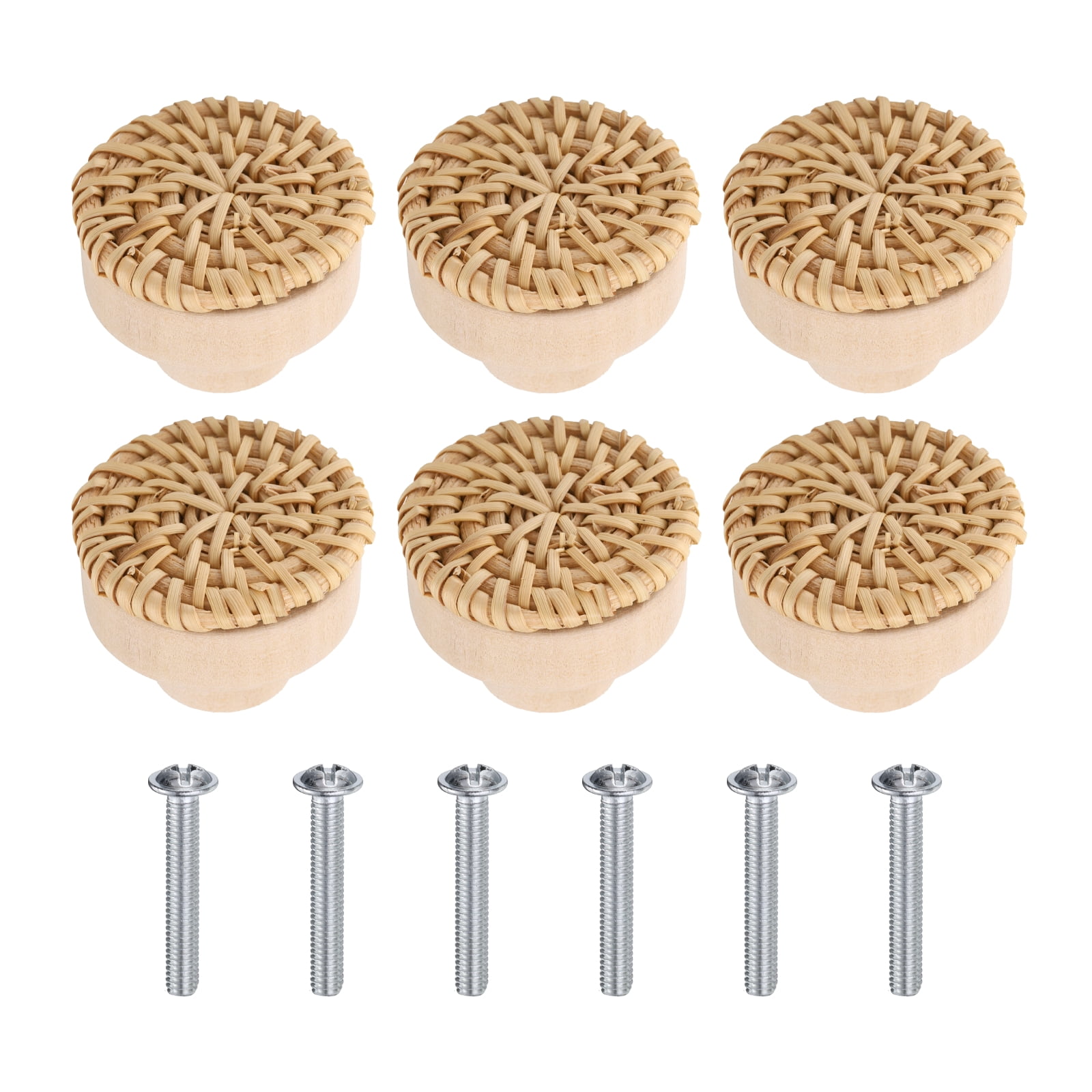 Uxcell 6pcs Rattan Knobs Round Wooden Dresser Knob with Screws, Wood ...
