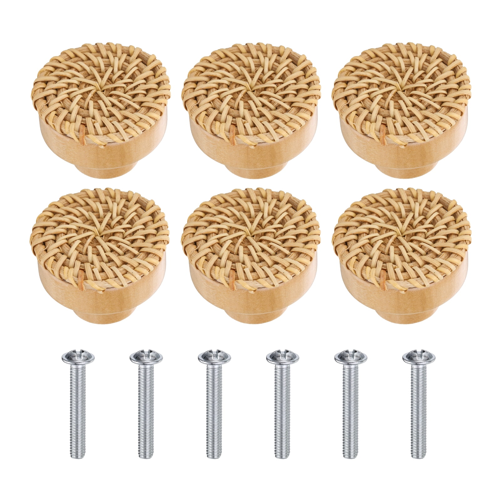 Uxcell 6pcs Rattan Knobs Round Wooden Dresser Knobs with Screw Wood ...