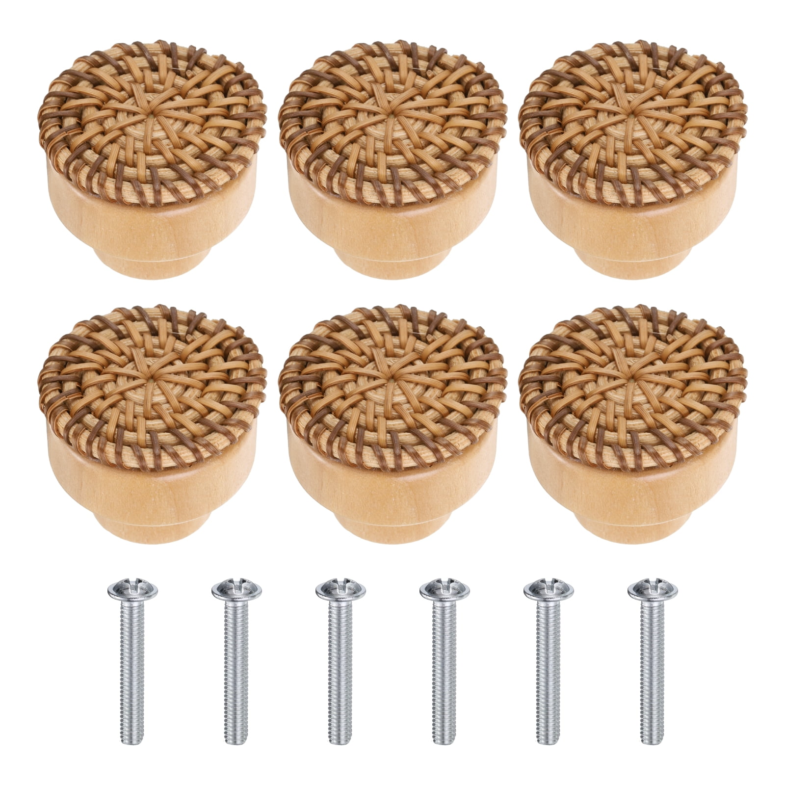Uxcell 6pcs Rattan Knobs Round Wooden Dresser Knobs with Screw, Wood ...