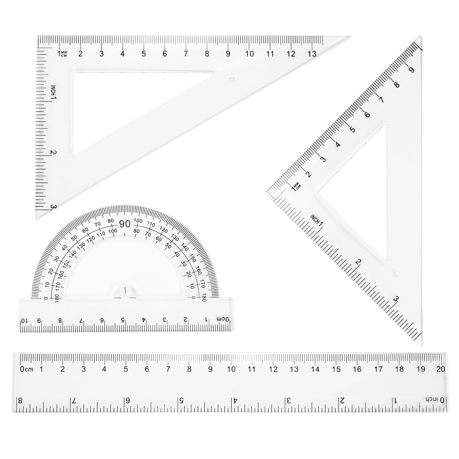 Uxcell 6pcs Triangular Ruler Set 15/30cm Plastic Metric Inch Ruler Geometric Protractor Triangle ...