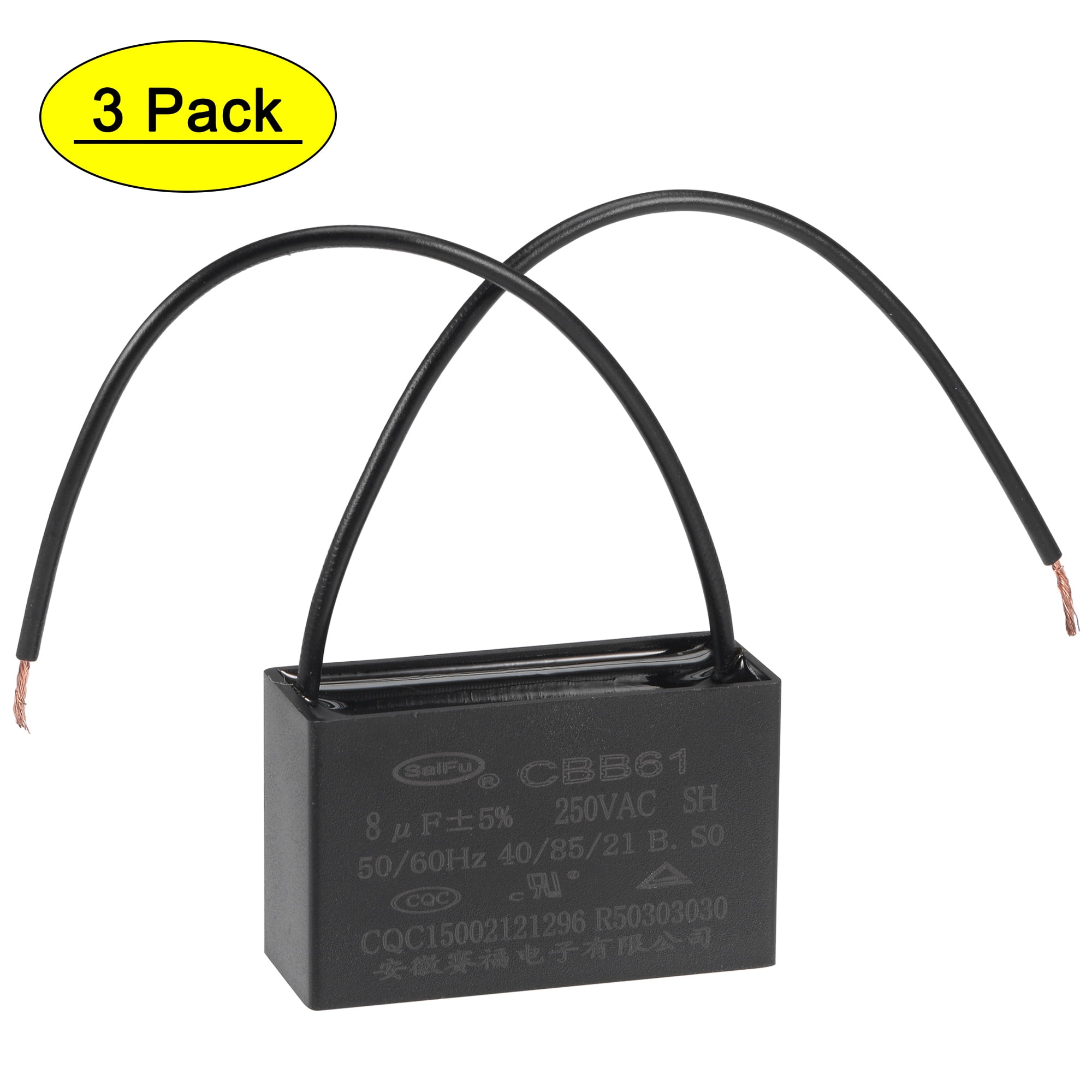 Uxcell 8uF 250V AC 2 Wires CBB61 Ceiling Fan Capacitors 3 Pack ...