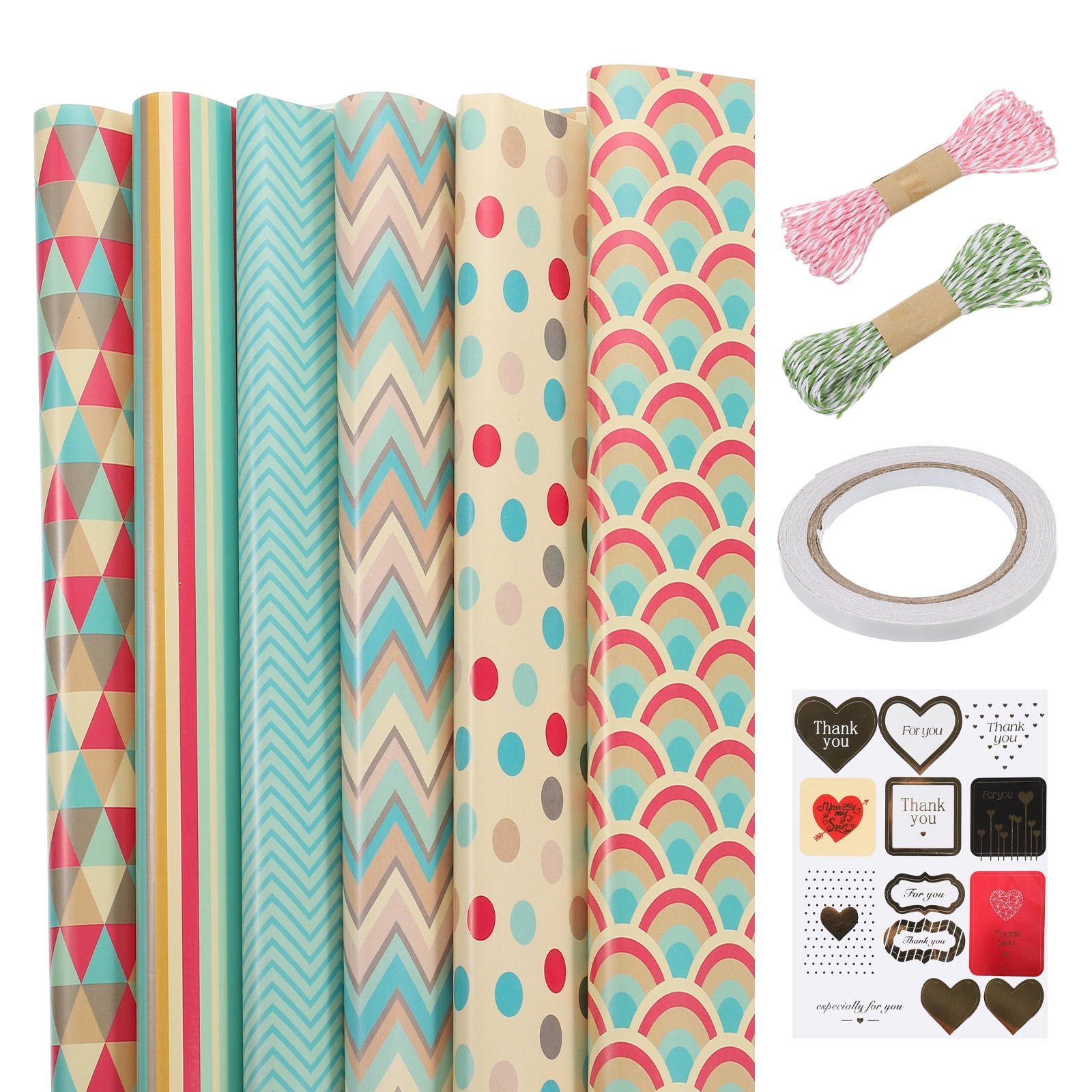 Uxcell Birthday Wrapping Paper Sheet, Stripe,Dots,Wave 20x28" with Rope ...