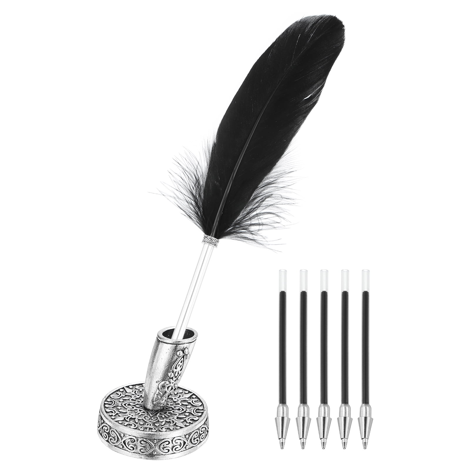 Uxcell Black Feather Ballpoint Pens Bulk, Metal Holder Black Ink ...