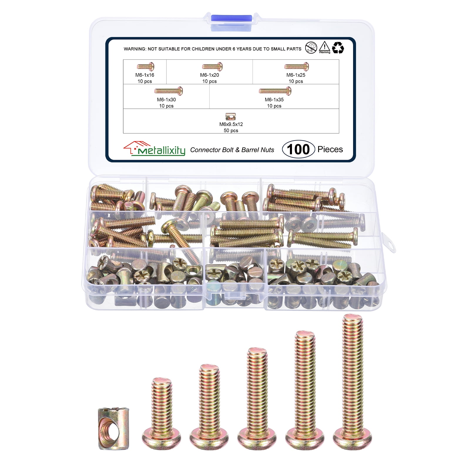 Uxcell Connector Bolt Barrel Nuts(M6-1x16/20/25/30/35) 100Pcs ...