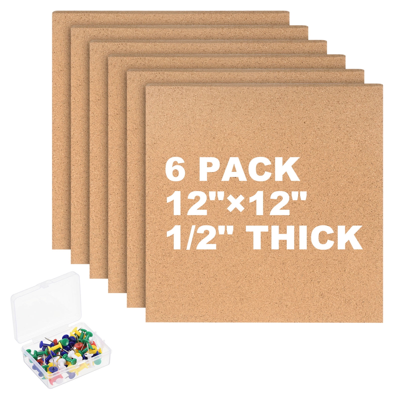 Uxcell Cork Board Tiles, 6 Pack 12" x 12", 1/2" Thick, 50 Push Pin ...