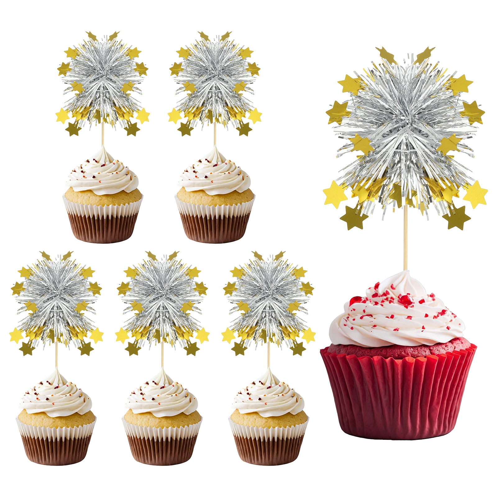 Uxcell Cupcake Toppers, 30 Pcs Sparkle Tinsel Star Cupcake Picks ...