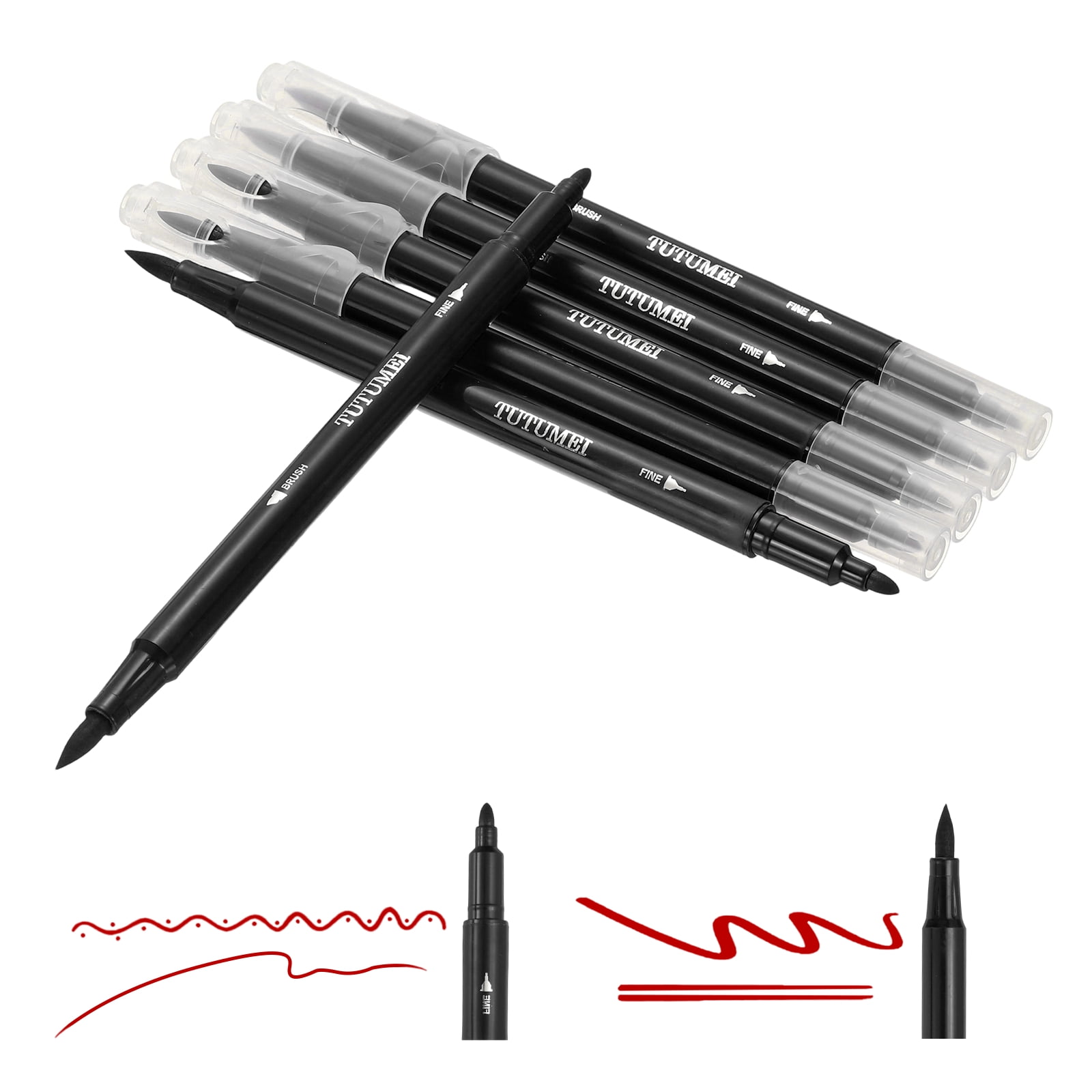 Uxcell Dual Brush Markers, Black Fine and Brush Tip Pen for Coloring, 6 ...