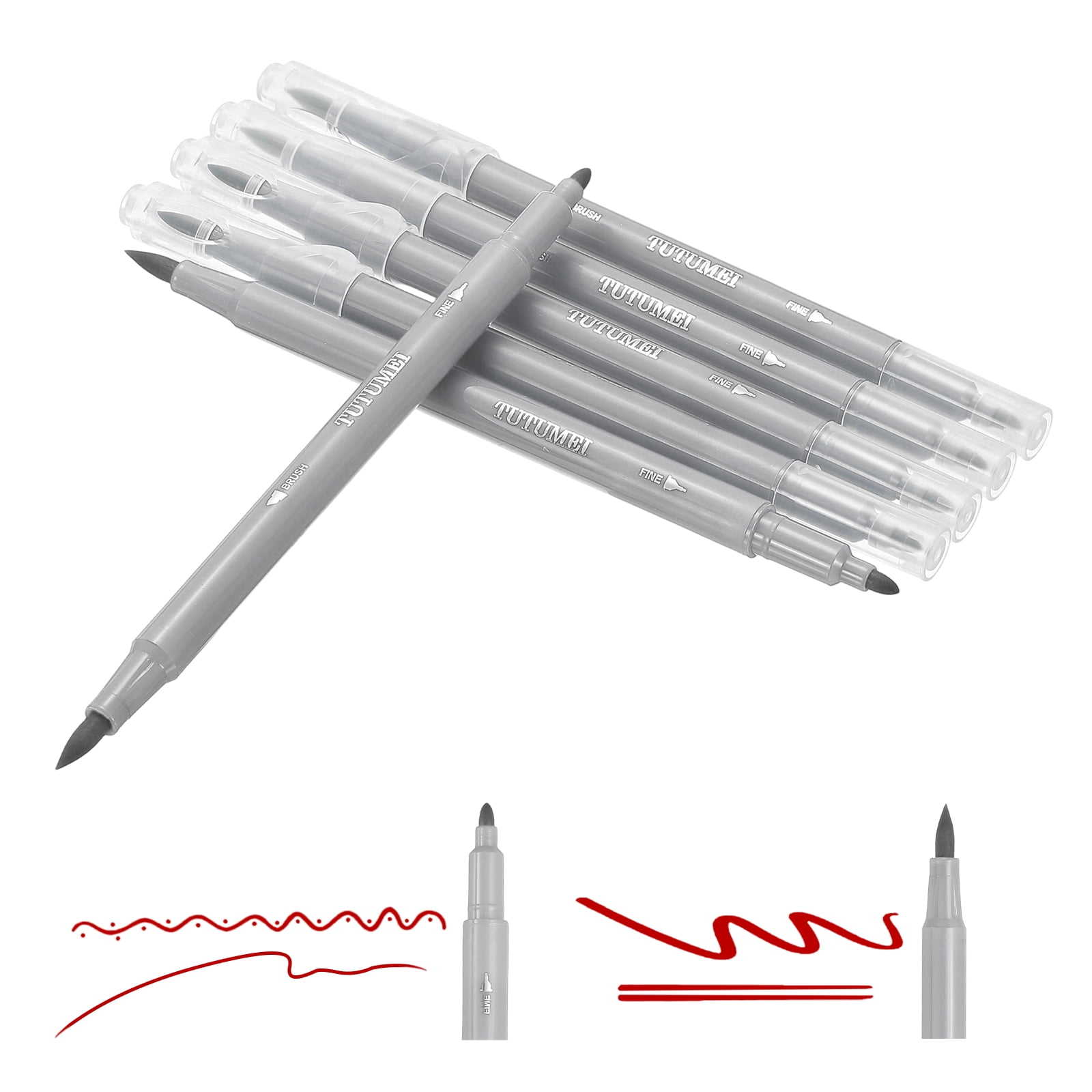 Uxcell Dual Brush Markers, Grey Fine and Brush Tip Pen for Coloring, 6 ...