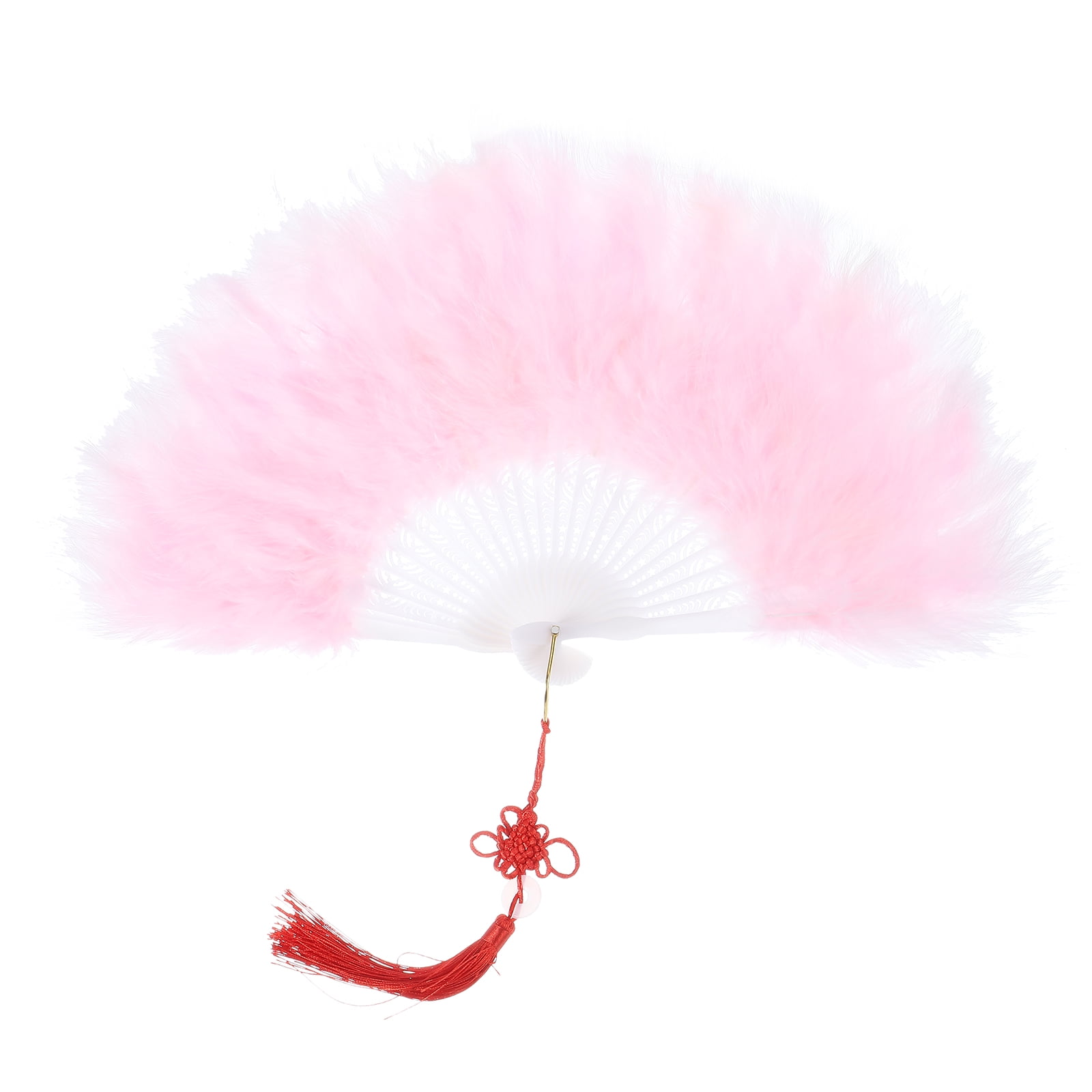 Uxcell Feather Hand Fan Light Pink Vintage Folding Fan with Chinese ...